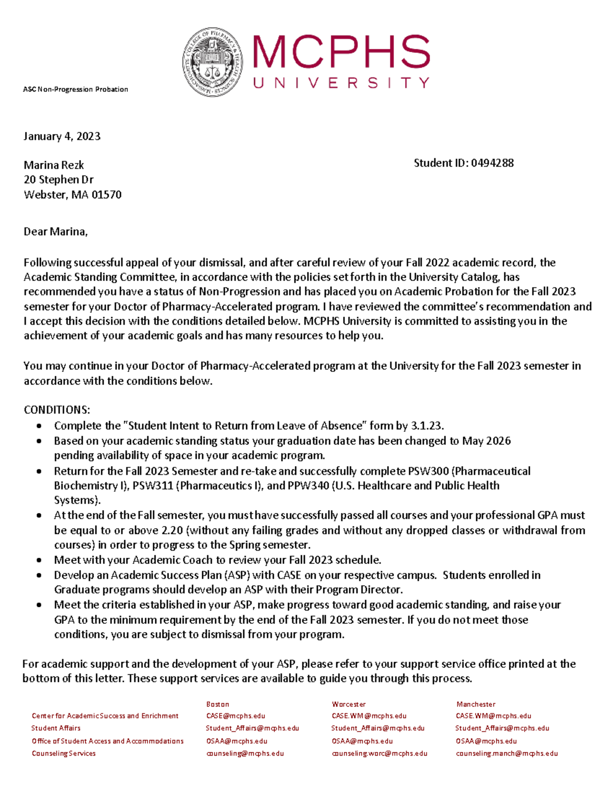 Academic Standing Letters - ASC Non-Progression Probation January 4 ...