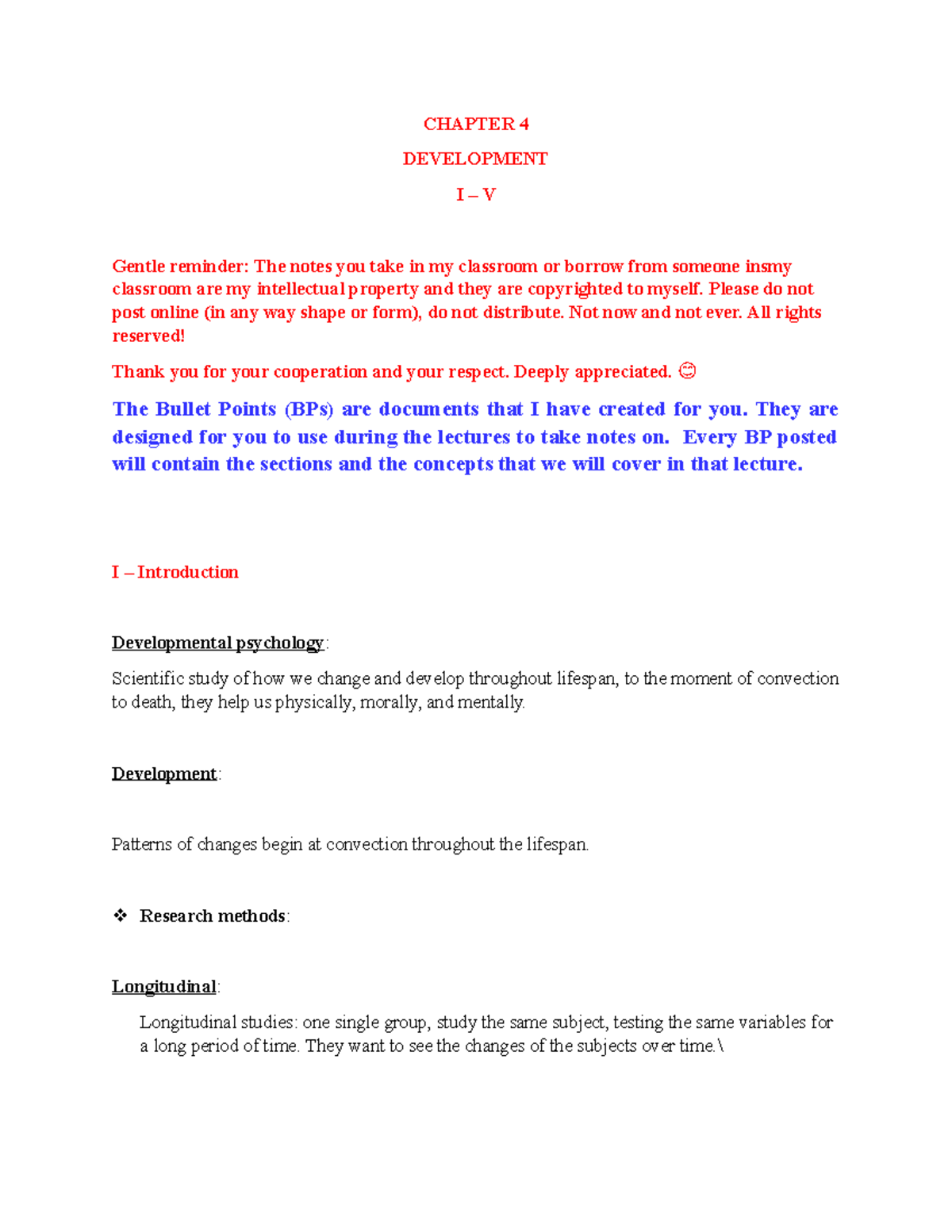 Bullet Points CH 4 Lecture 1 FALL 2022 - CHAPTER 4 DEVELOPMENT I – V ...