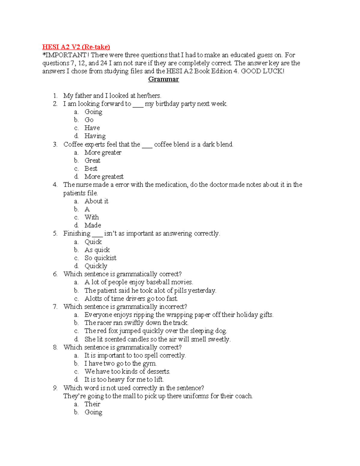 HESI A2 V2 - student for intre exam - HESI A2 V2 (Re-take) *IMPORTANT ...