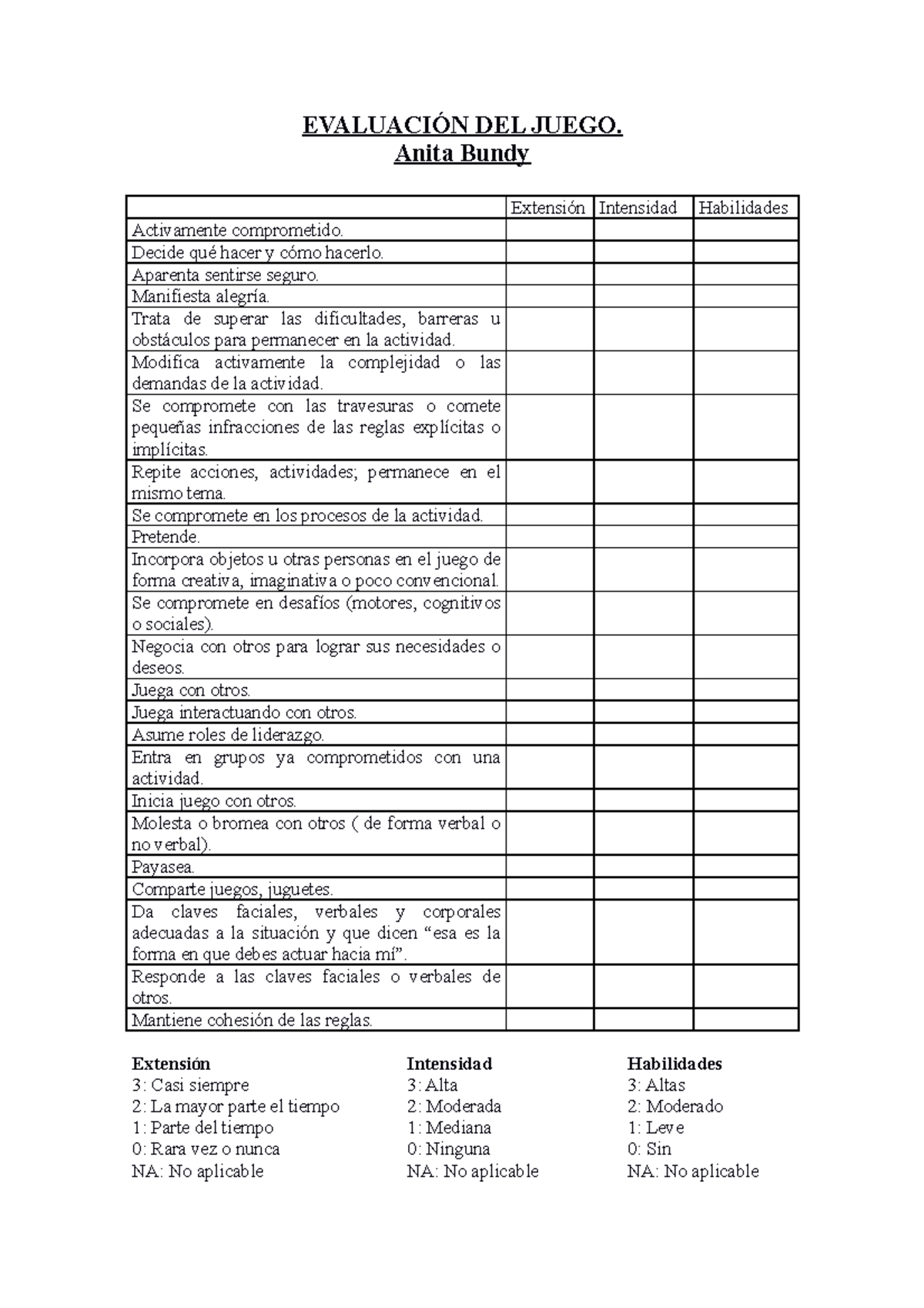Ev. del juego a. bundy - EVALUACIÓN DEL JUEGO. Anita Bundy Extensión ...