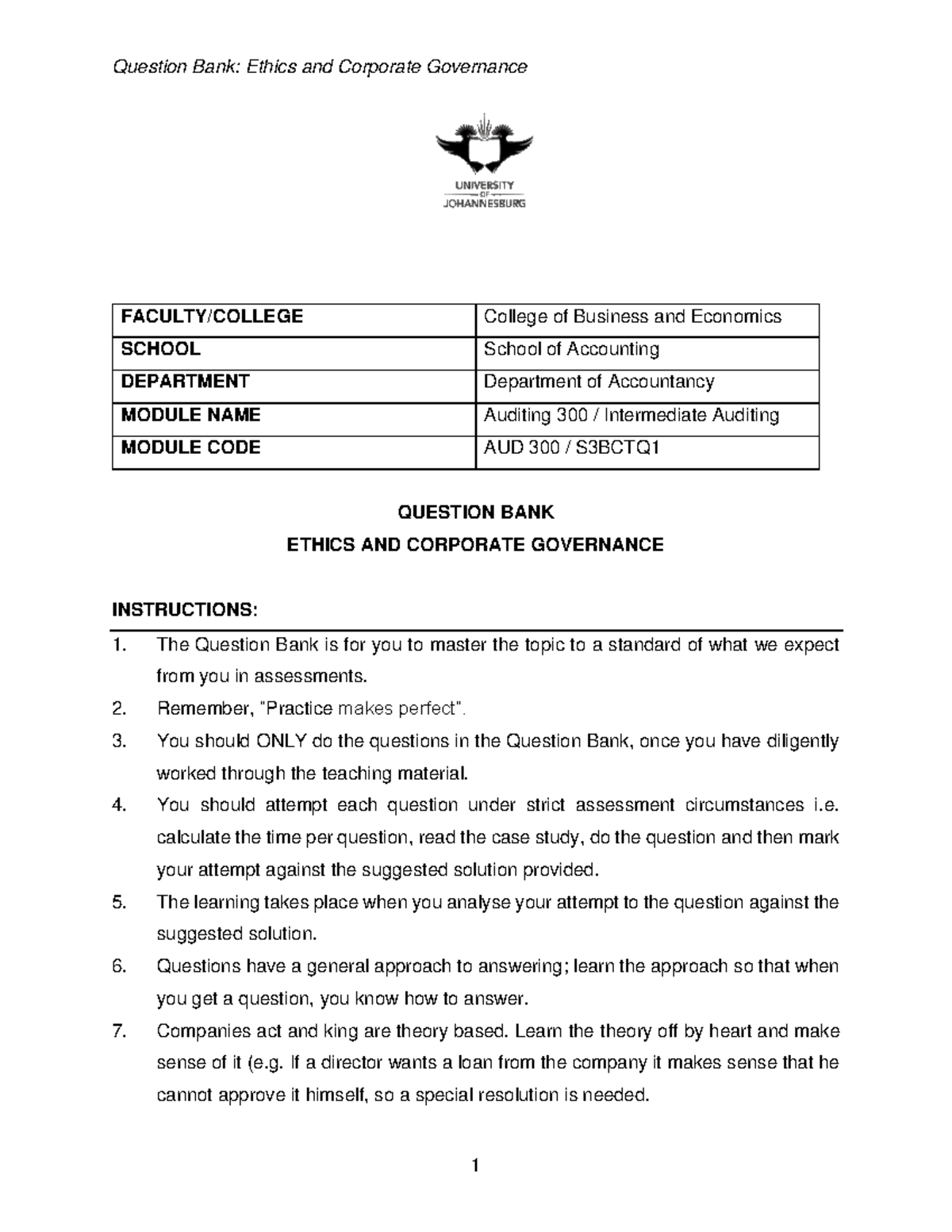 Aud Question Bank ethics - QUESTION BANK ETHICS AND CORPORATE ...