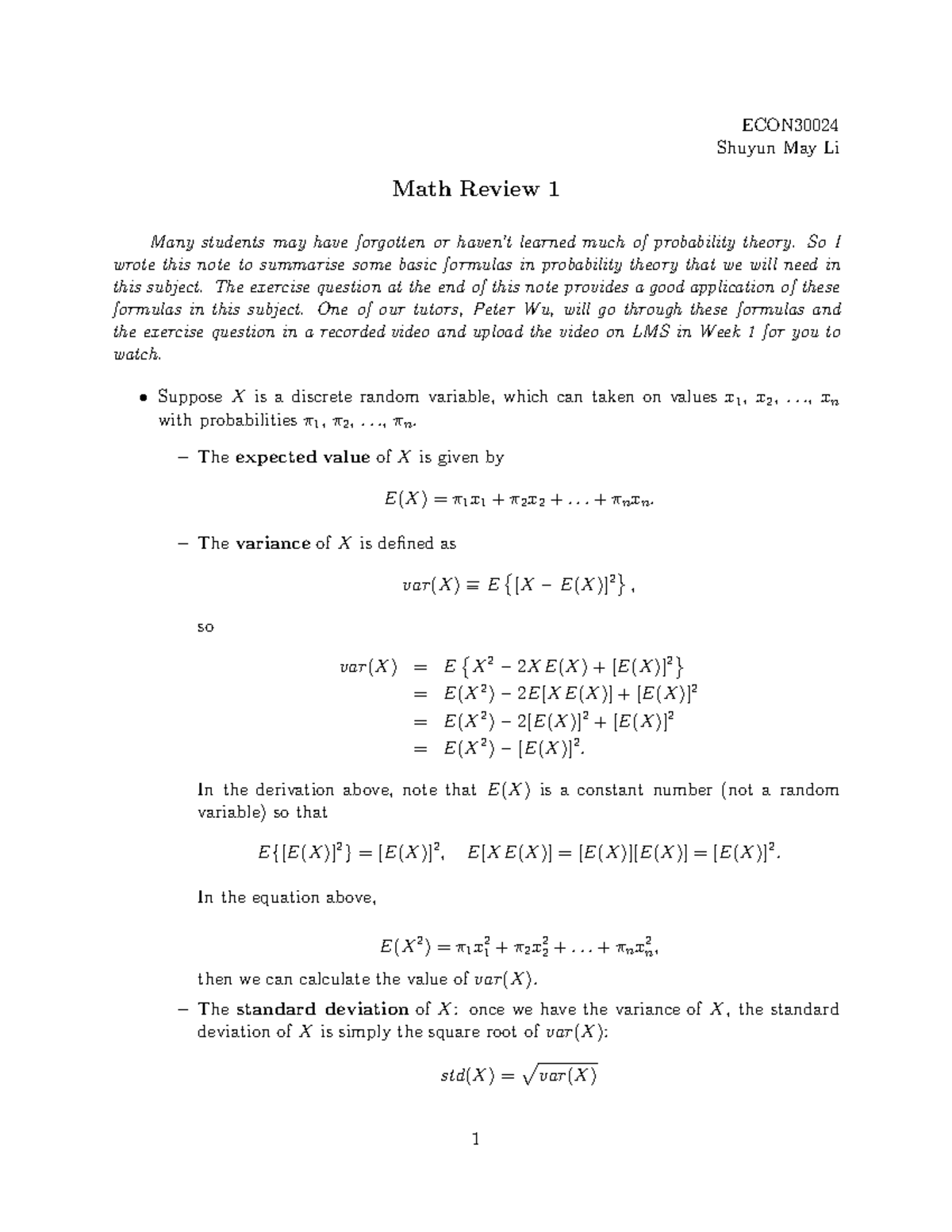 Mathreview 1 - Summary Economics Of Financial Markets - ECON Shuyun May ...