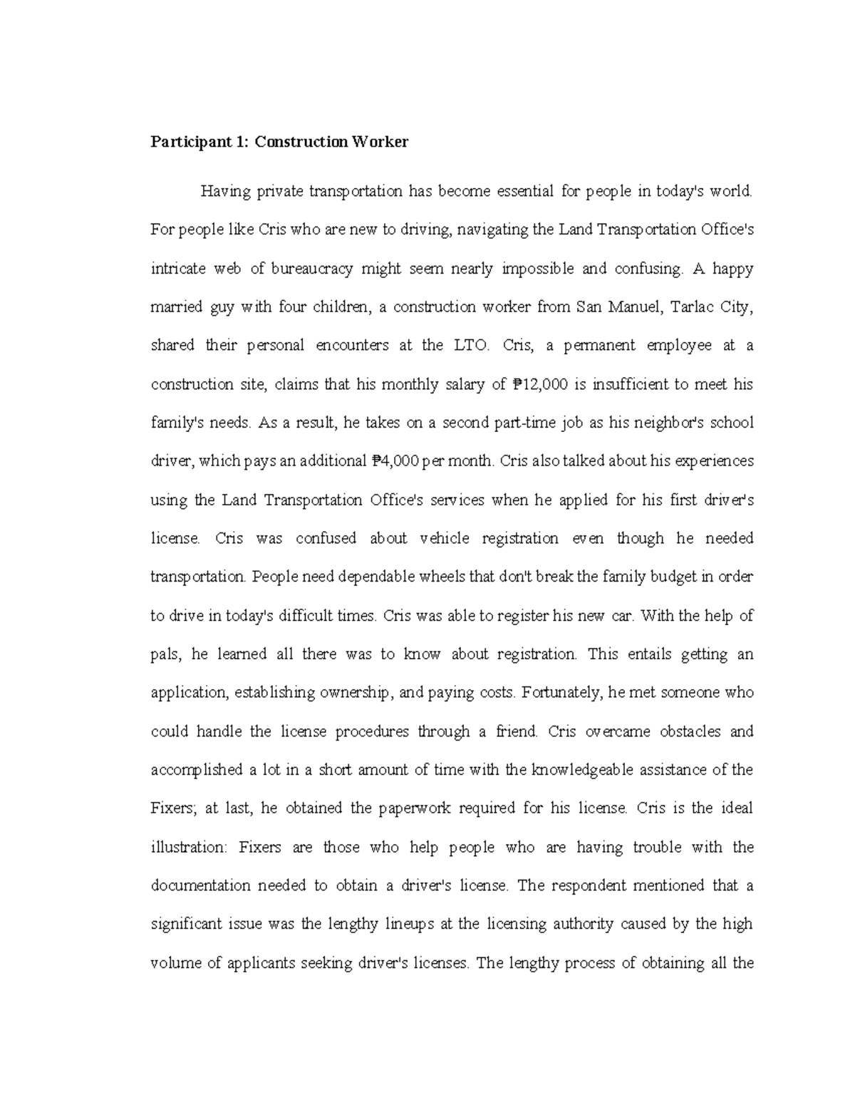 Participant Statements for SMTT - Participant 1: Construction Worker ...