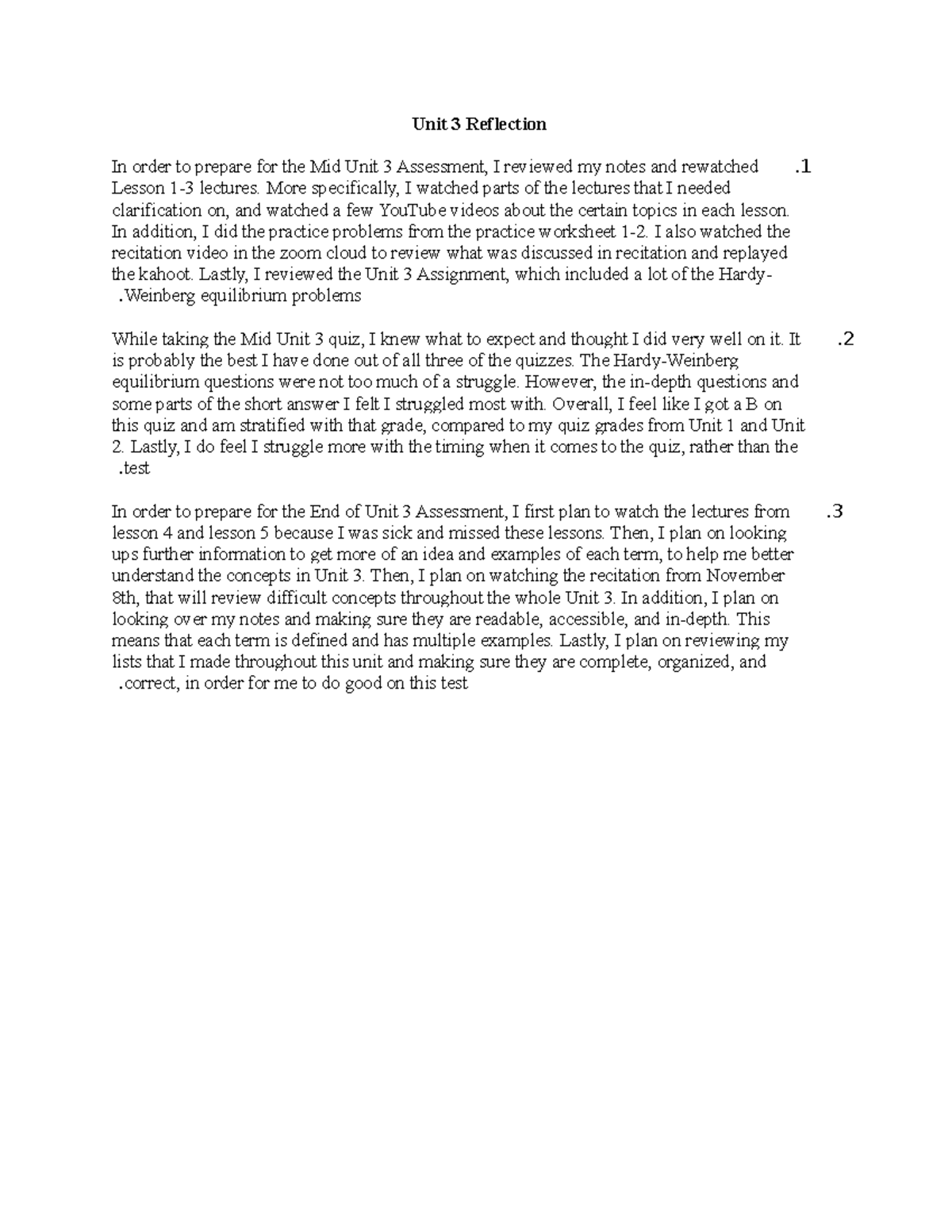 Unit 3 Reflection - no clue - BSC 2011 - University of Florida - Studocu