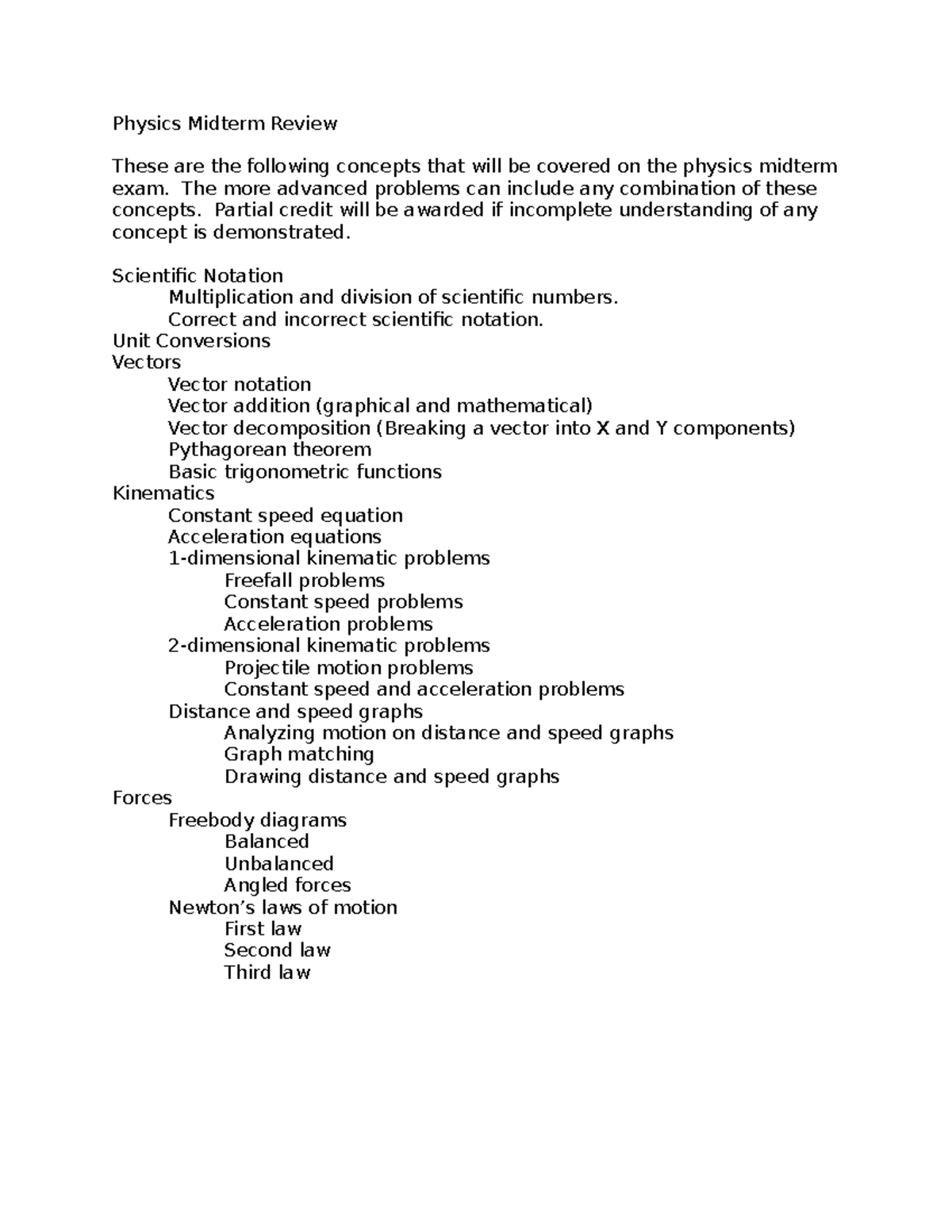 Physics Midterm Review - Physics Midterm Review These are the following concepts that will be ...