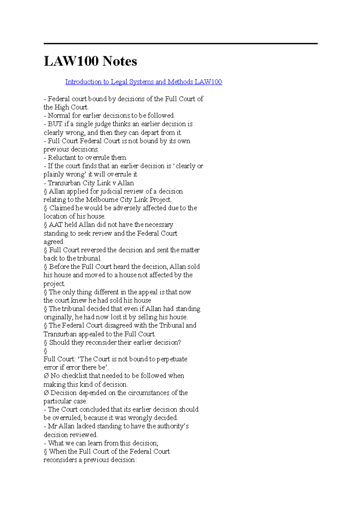 LAW Notes - LAW100 Notes Introduction to Legal Systems and Methods LAW ...