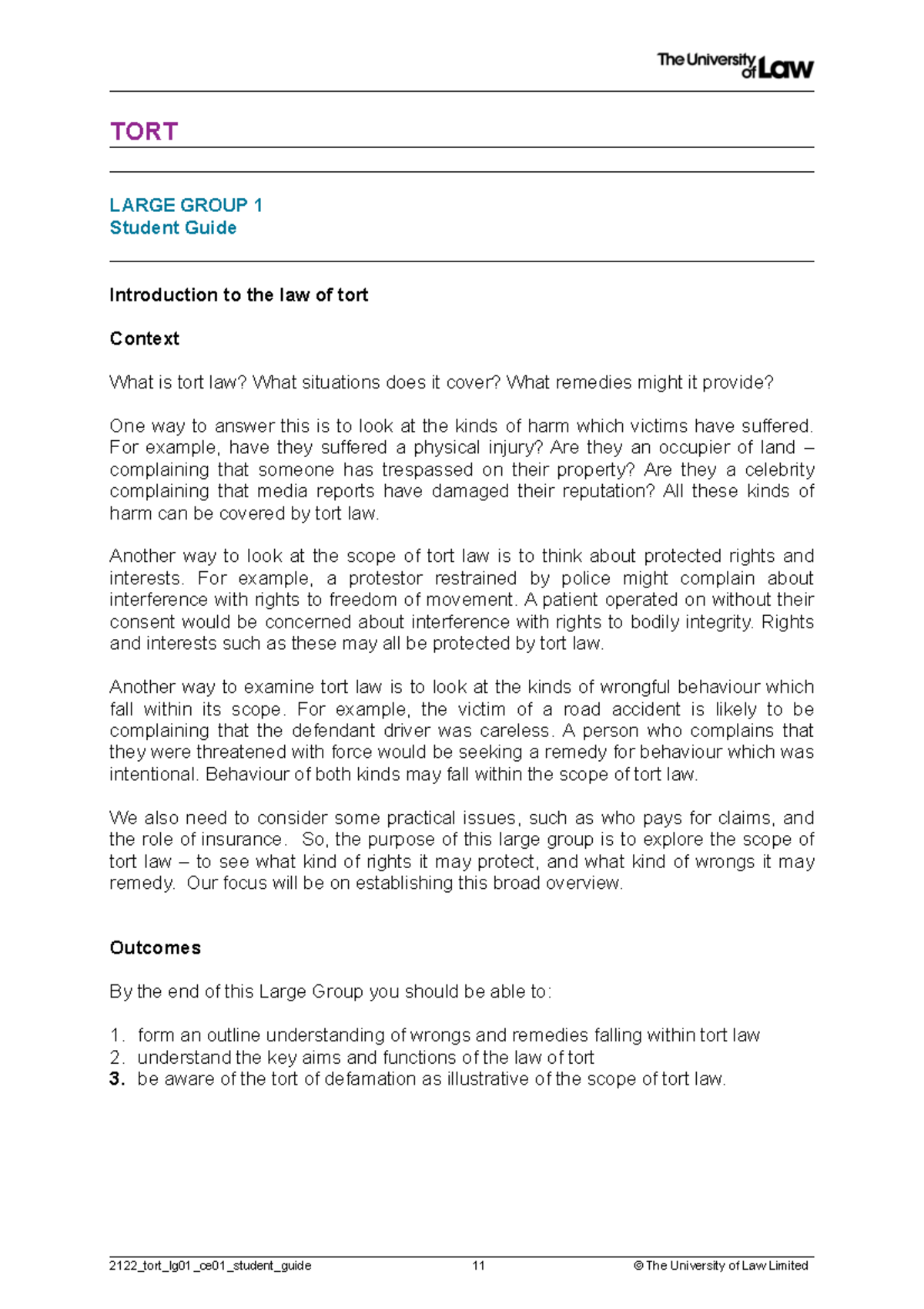 Tort LG1 Student Guide - Introduction to Tort Law and Key Concepts ...