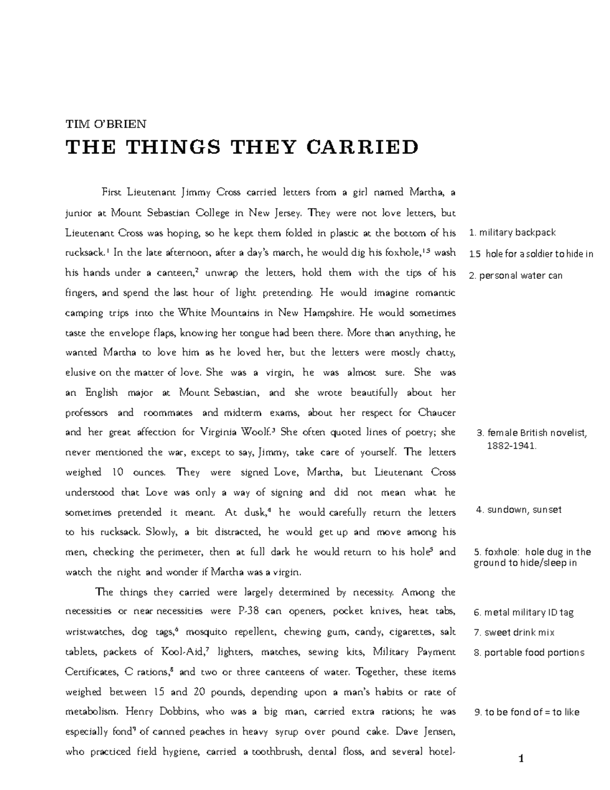 O'brien, The Things They Carried + glossary - 1 TIM O’BRIEN T HE TH I N ...