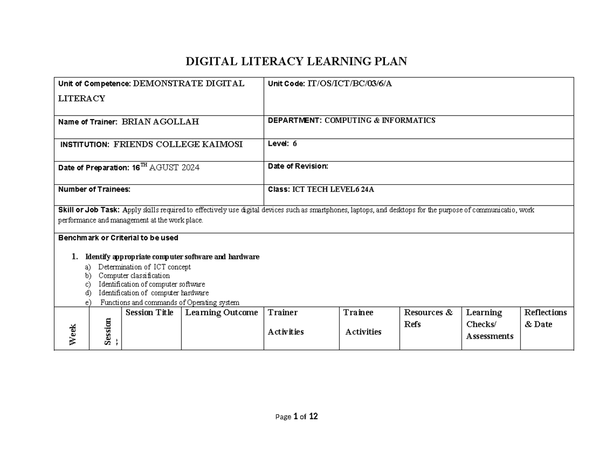 Learning PLAN - Notes - DIGITAL LITERACY LEARNING PLAN Unit of ...