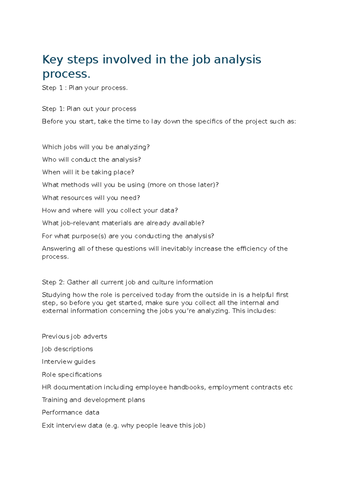 Key steps involved in the job analysis process - Step 1 : Plan your ...