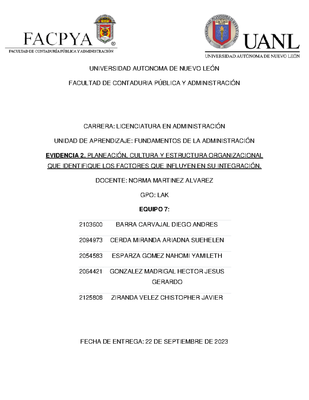 EV2 EQ7 Funadm - Evidencia 2 - UNIVERSIDAD AUTONOMA DE NUEVO LEÓN FACULTAD DE CONTADURIA PÚBLICA ...