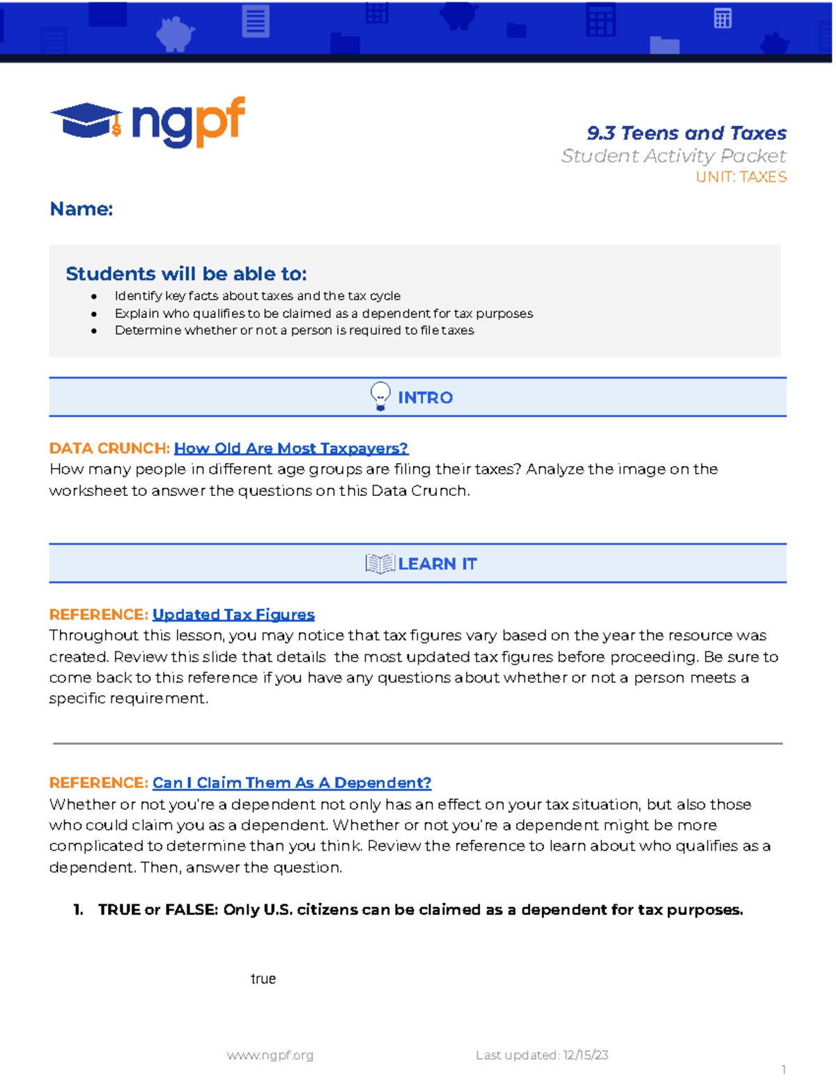 Brianna+Cosner+-+9 - 9 Teens and Taxes Student Activity Packet UNIT ...