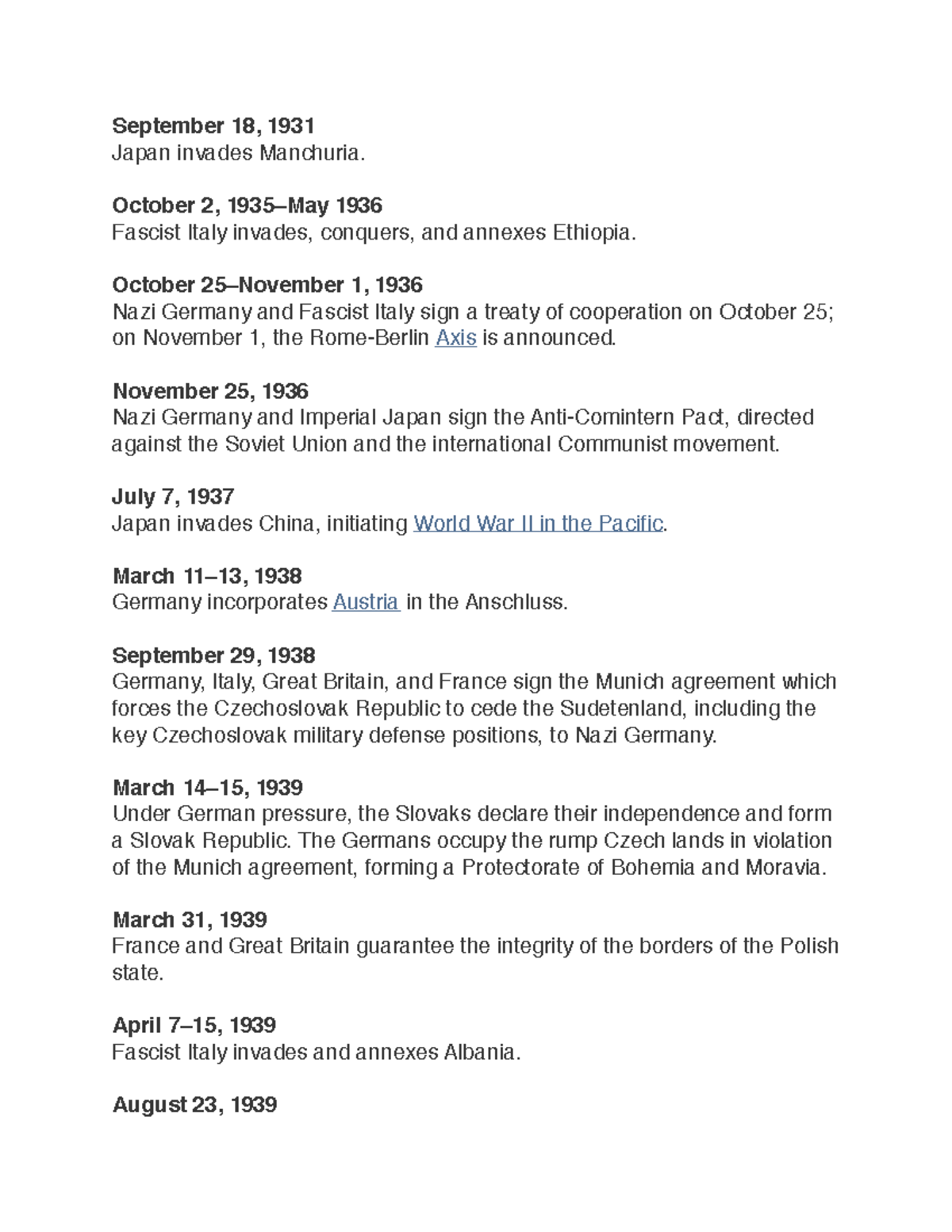 WWII timeline summary for exam 1 - September 18, 1931 Japan invades ...