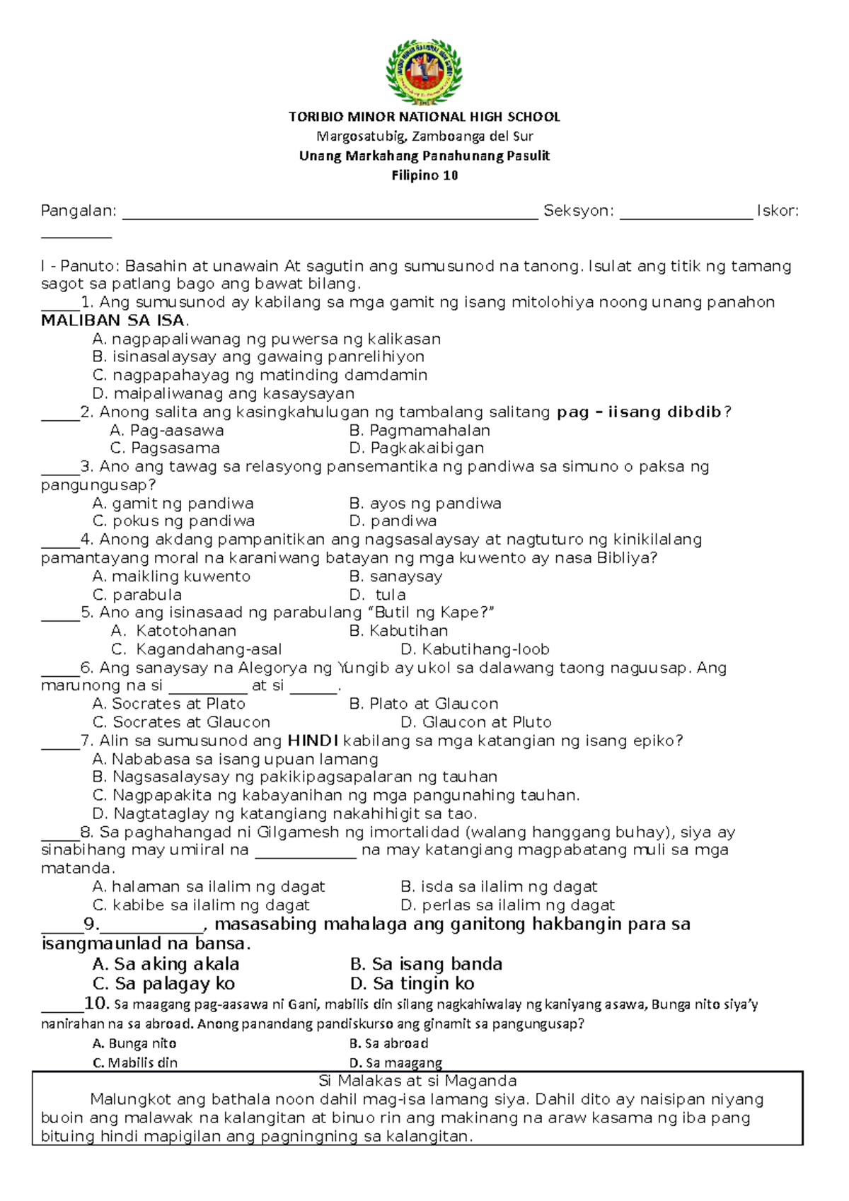 Filipino 10 Q1 Final - Periodic Exam - TORIBIO MINOR NATIONAL HIGH ...
