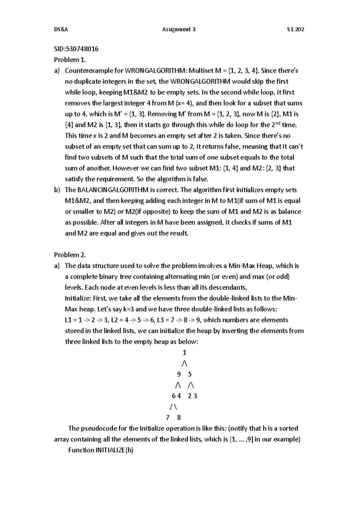 COMP2123 Assignment 3 - SID: Problem 1. a) Counterexample for ...