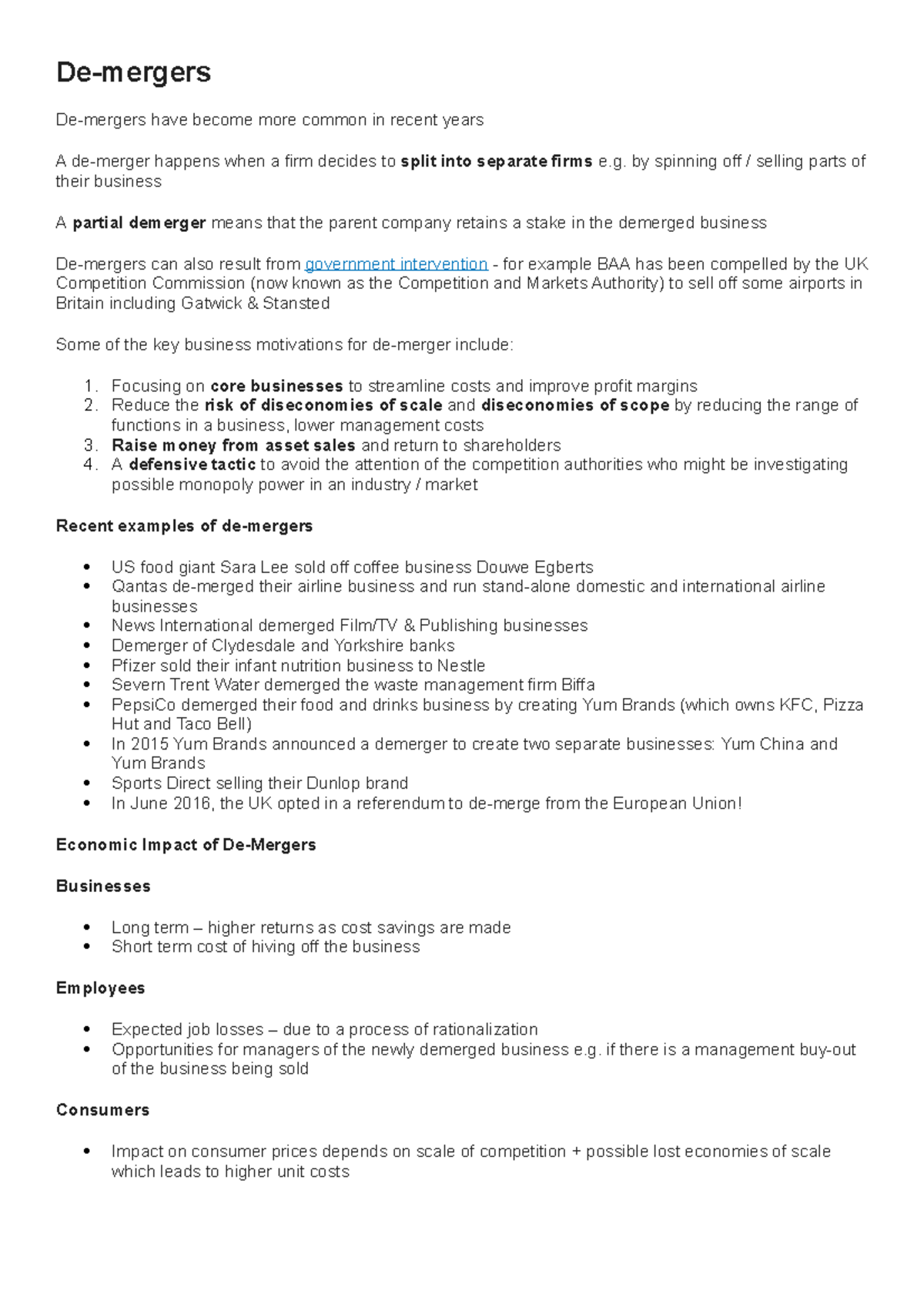 Demerger - economics - De-mergers De-mergers have become more common in ...