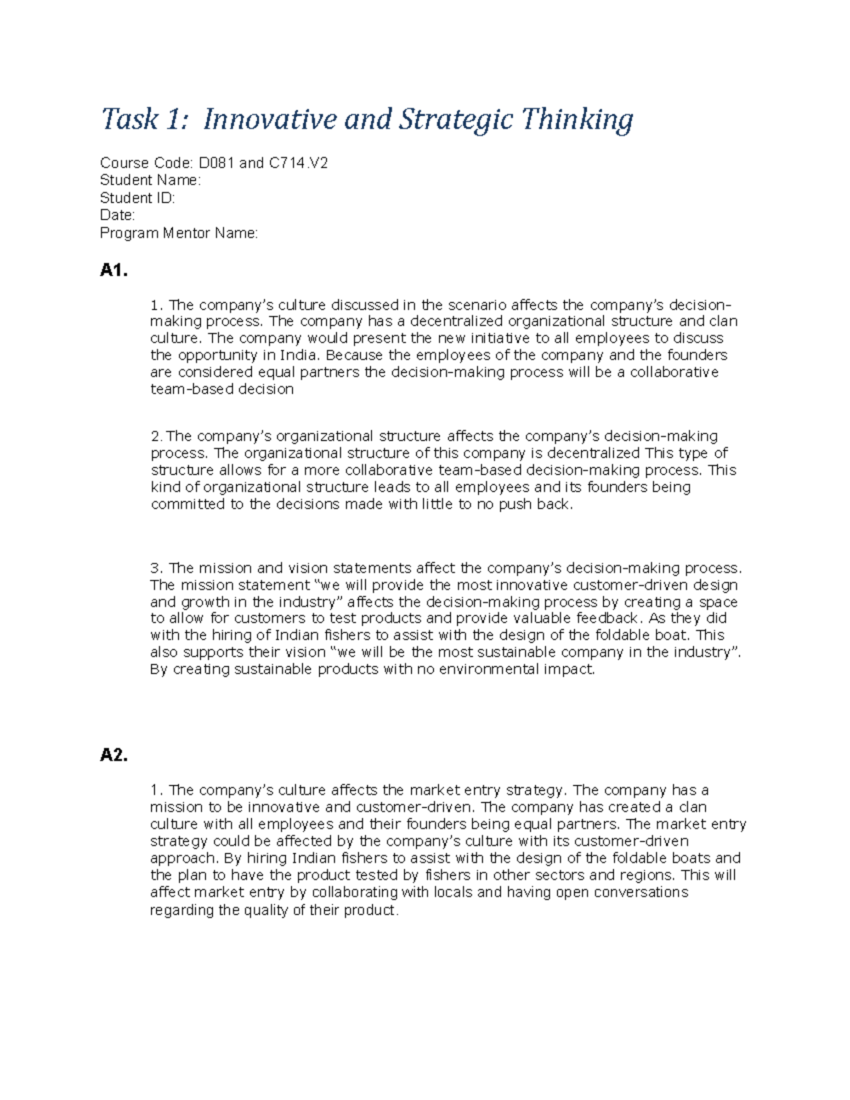 Task One Innovative and strategic thinking - Task 1: Innovative and ...