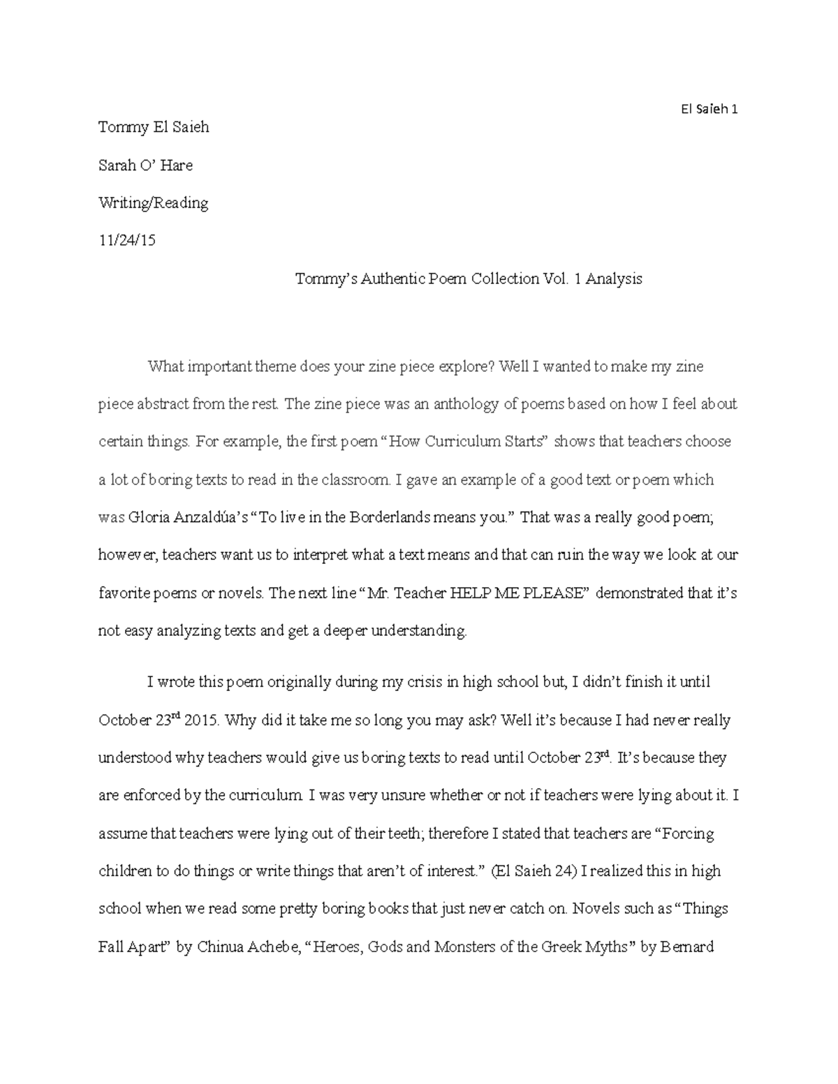 Tommy’s Authentic Poem Collection Vol. 1 Analysis - El Saieh 1 Tommy El ...