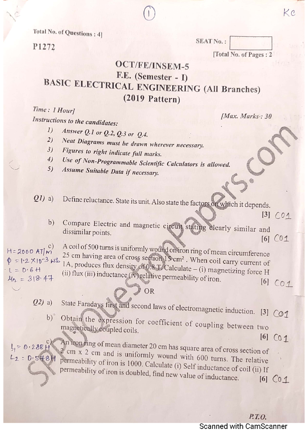 BEE In-Sem Papers - Okhshsbs - B.Tech - Studocu