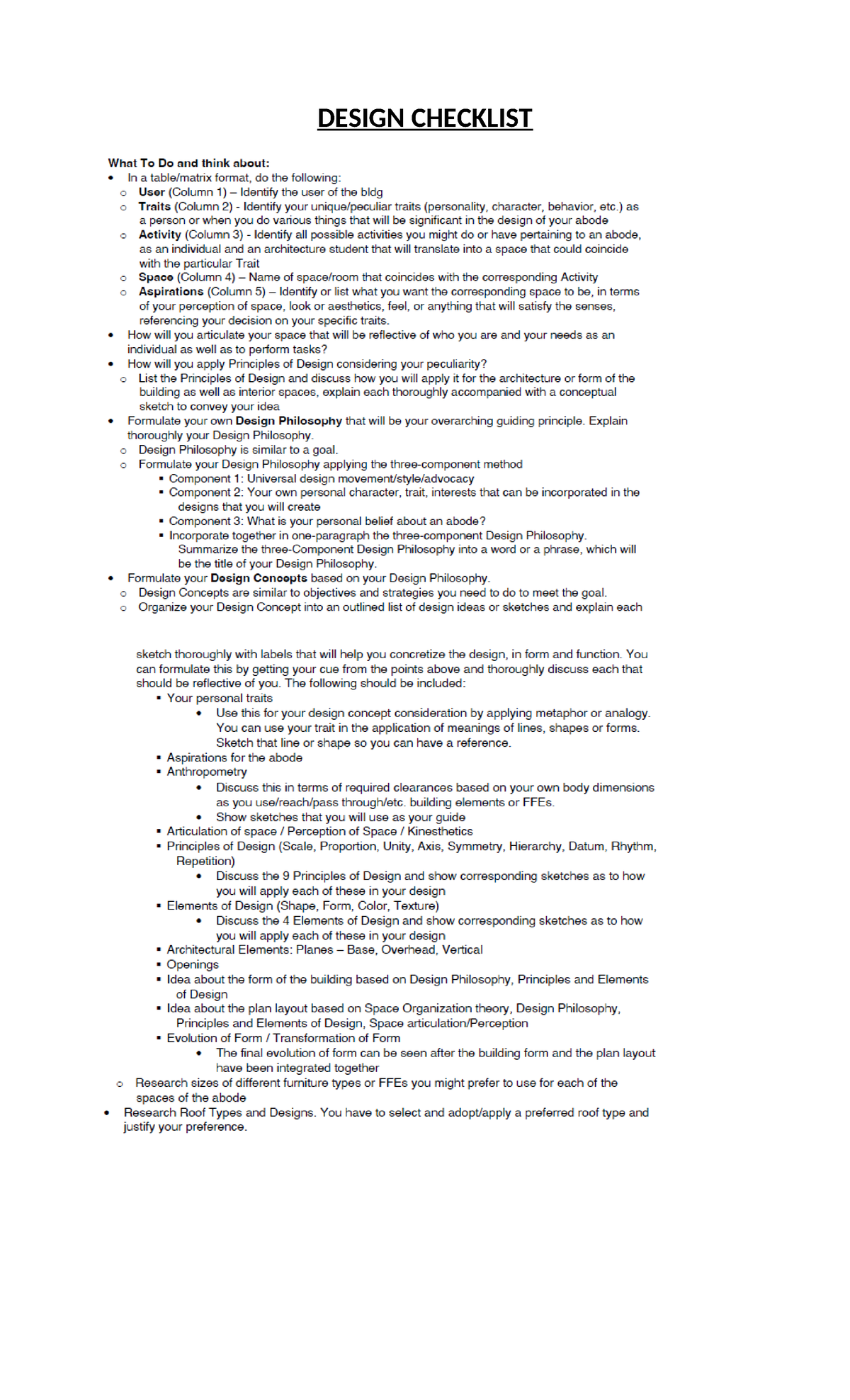 Design Checklist SS - Bs in Architecture - DESIGN CHECKLIST - Studocu