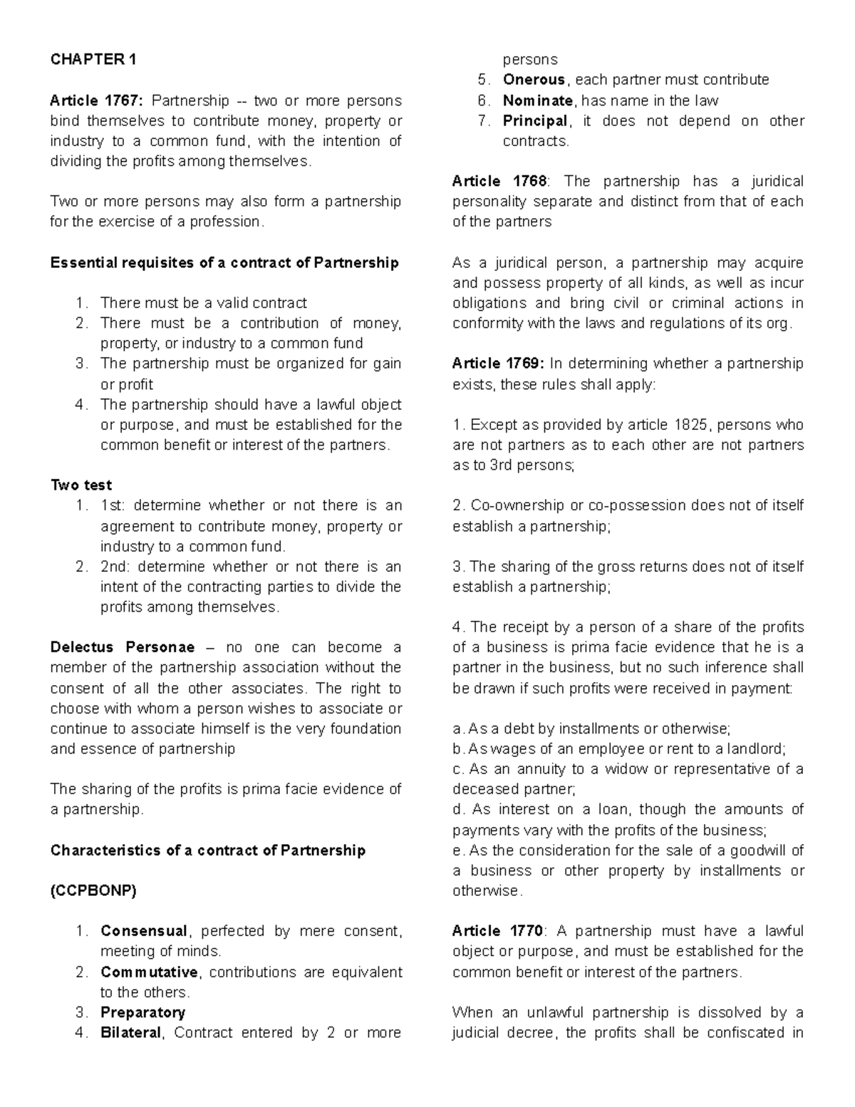 Reviewer Buslaw - CHAPTER 1 Article 1767: Partnership - two or more ...