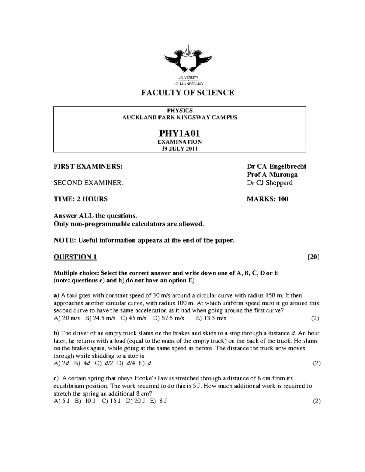 PHY1A SUPP 2011-1 - question paper - FACULTY OF SCIENCE PHYSICS AUCKLAND PARK KINGSWAY CAMPUS ...