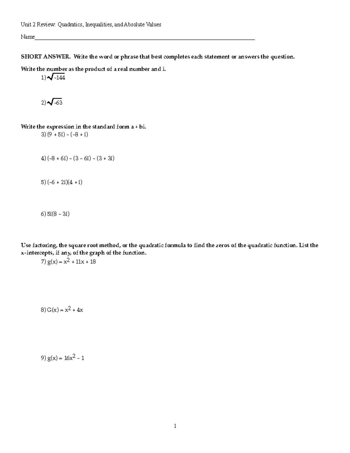 Unit 2 Review SP24 - study guide - Unit 2 Review: Quadratics ...
