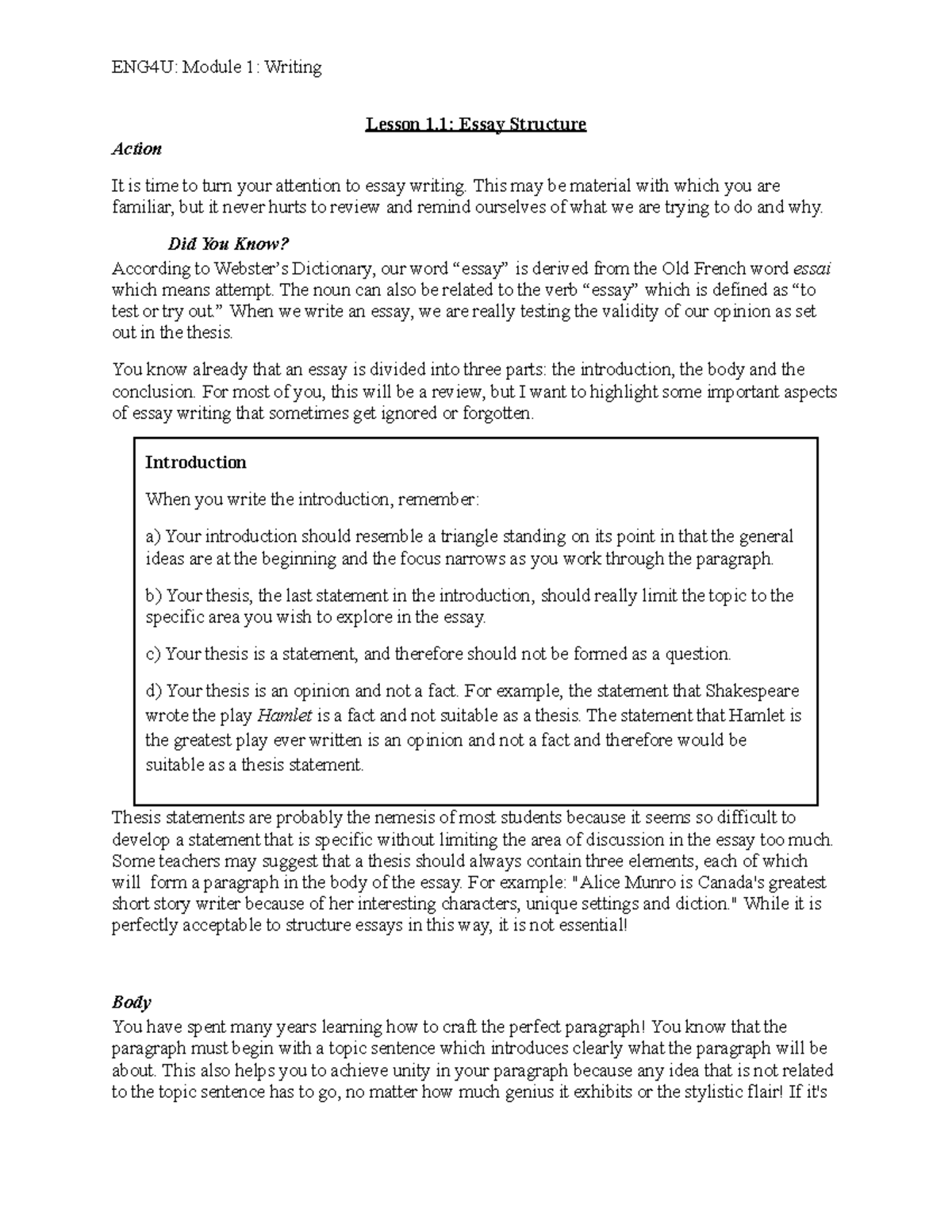 1 a) Essay Structure & Practice-2 - Lesson 1: Essay Structure Action It ...