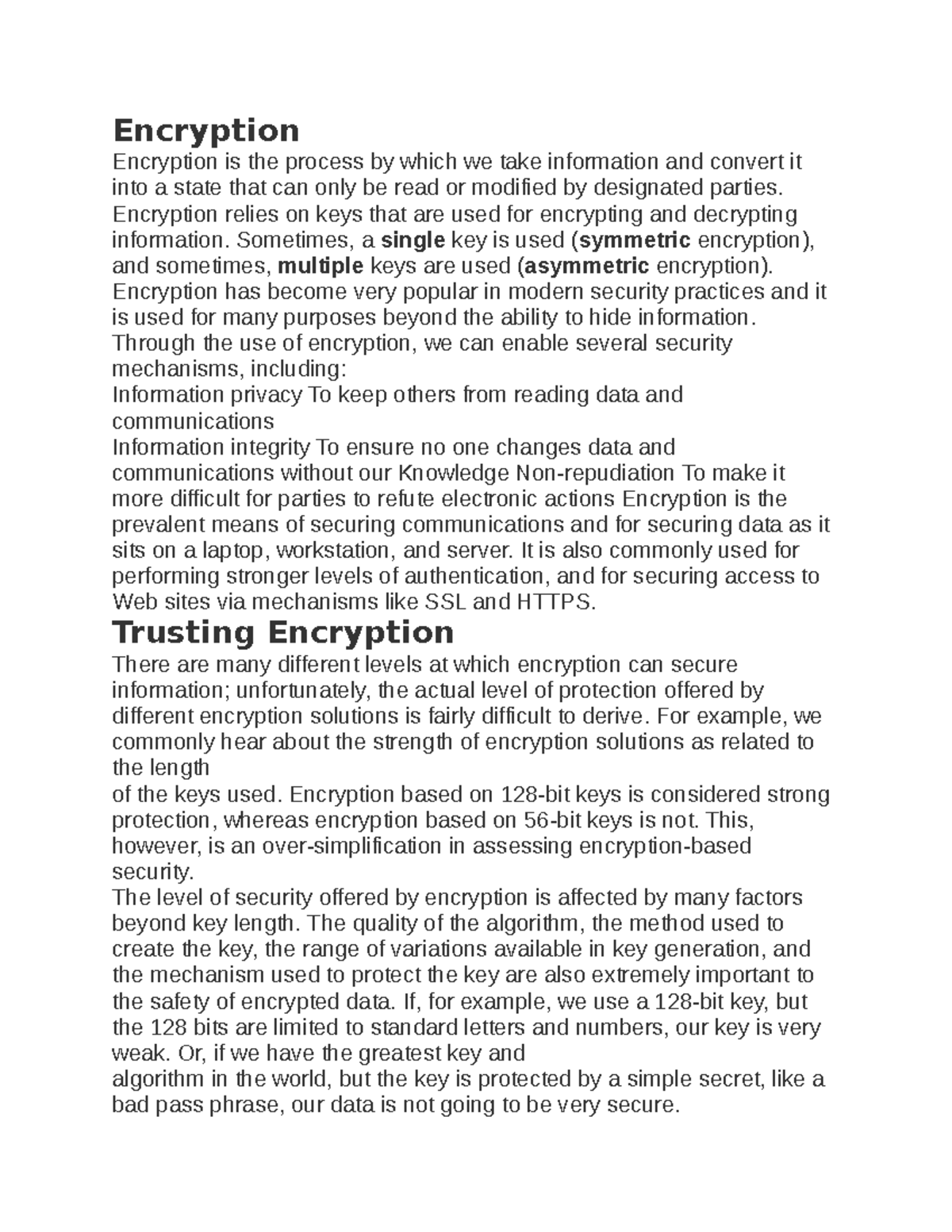 week 06 summaries reading - Encryption Encryption is the process by ...