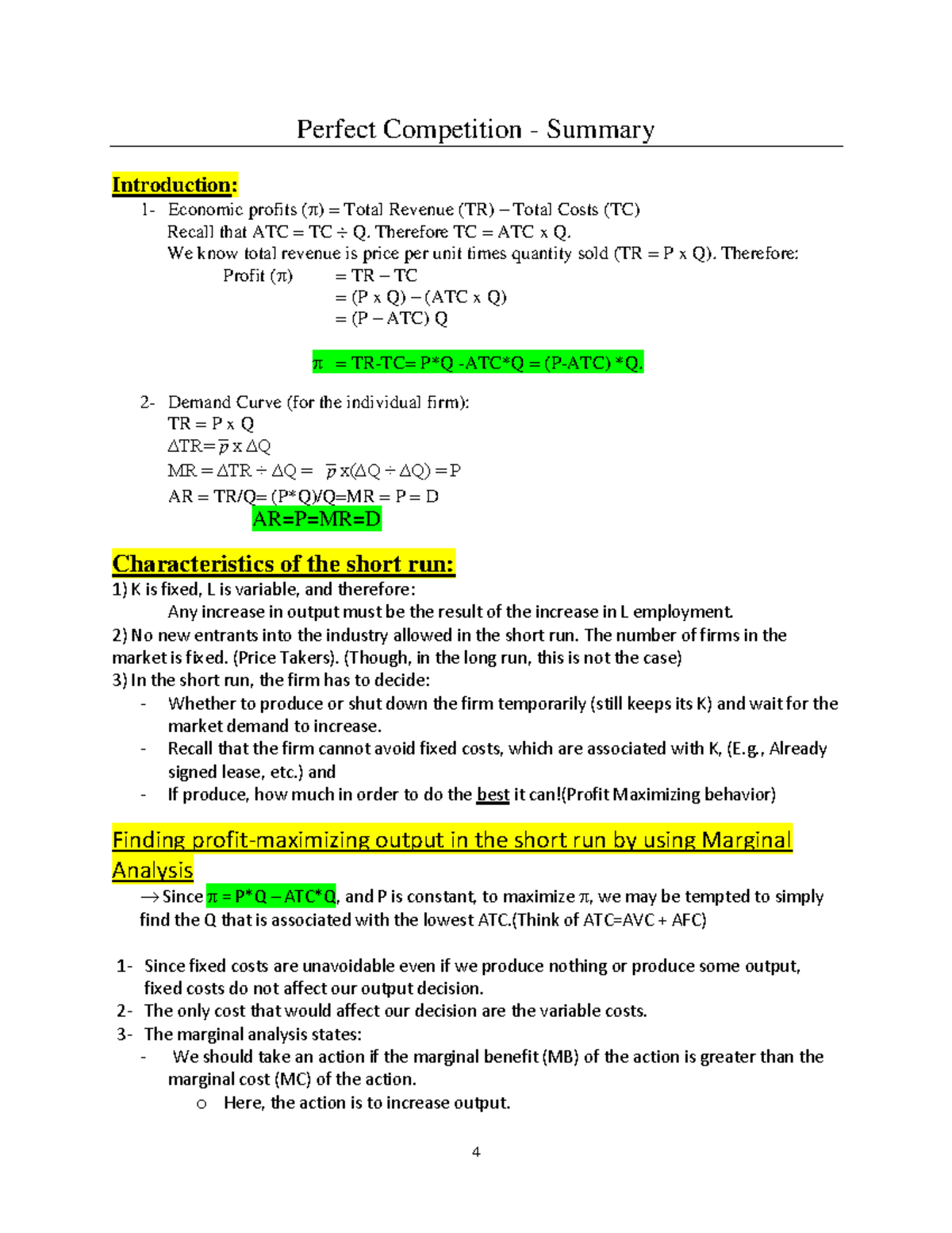 Perfect Competition Summary - Perfect Competition - Summary ...