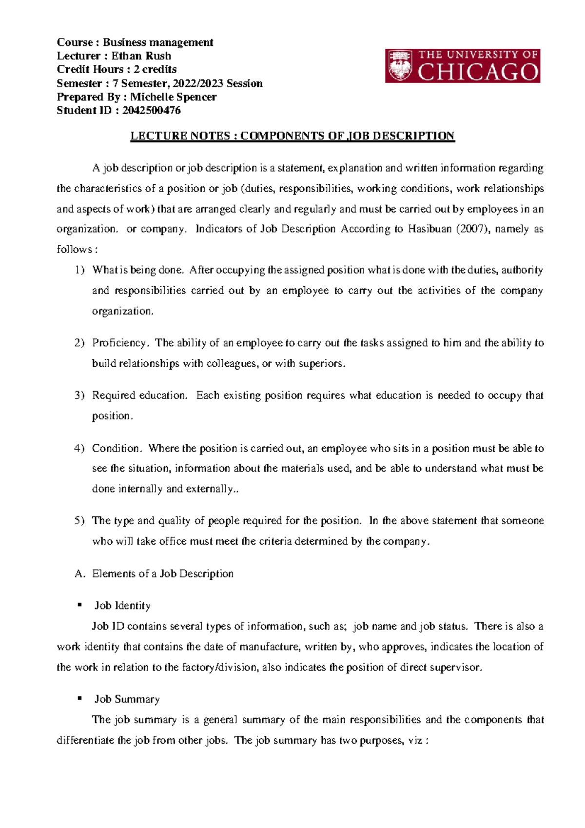 Lecturer Notes Components Of Job Description Business management ...