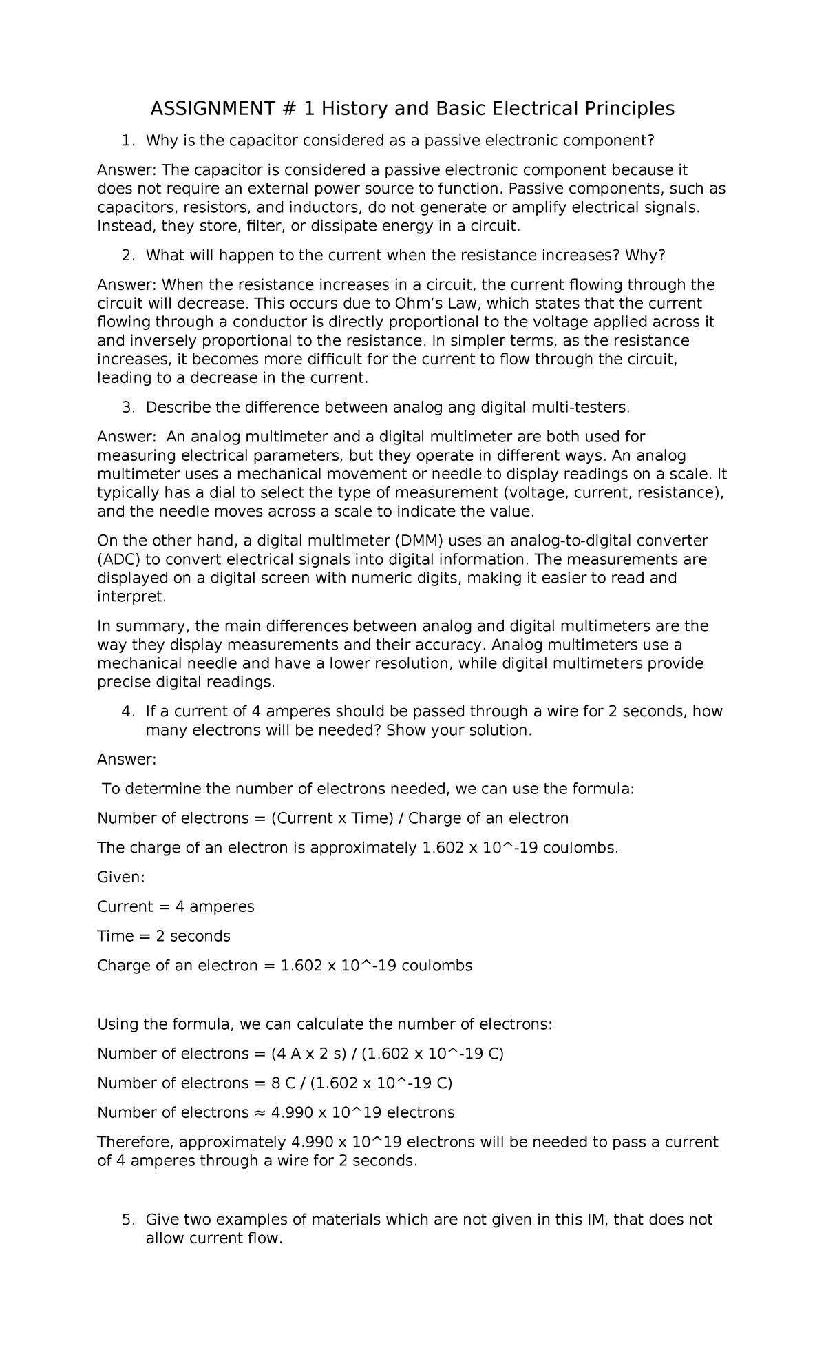 Assignment 2 ( ECEN 101 ) History and Basic Electrical Principles - ASSIGNMENT # 1 History and ...