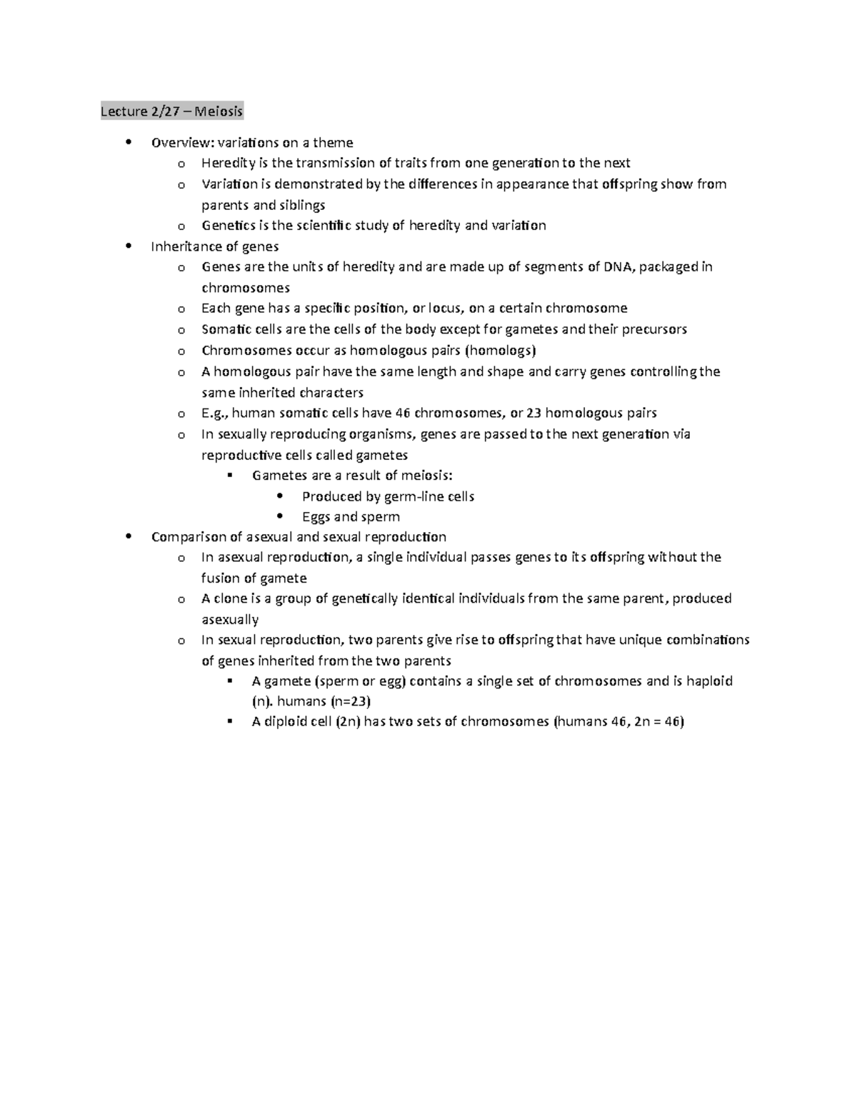 Gen Bio 2 exam 3 notes - This document is about Meiosis and Mitosis ...