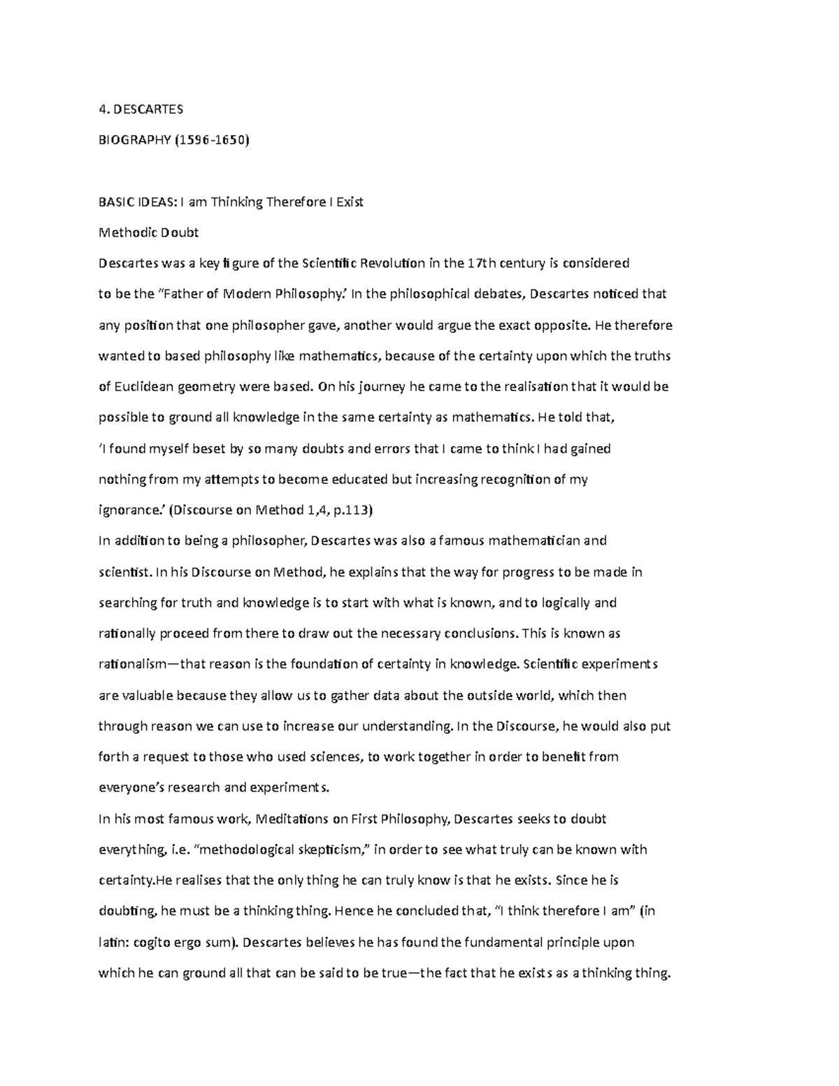 Philosophy II - Notes - 4. DESCARTES BIOGRAPHY (1596-1650) BASIC IDEAS ...