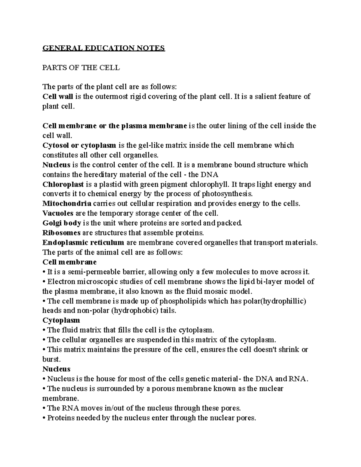 Gen Ed notes 2 - GENERAL EDUCATION NOTES PARTS OF THE CELL The parts of ...