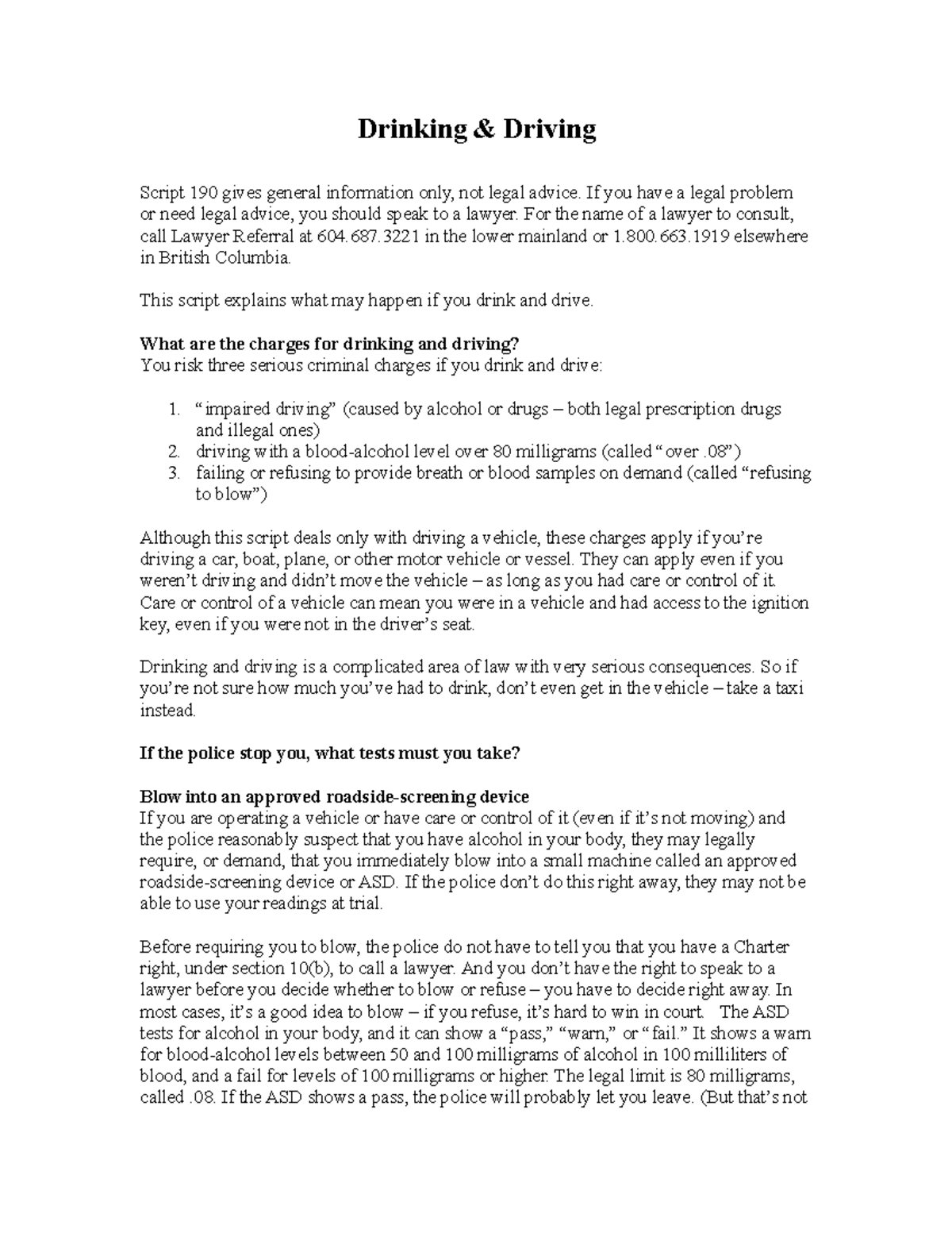 Drinking and Driving - Notes - Drinking & Driving Script 190 gives ...