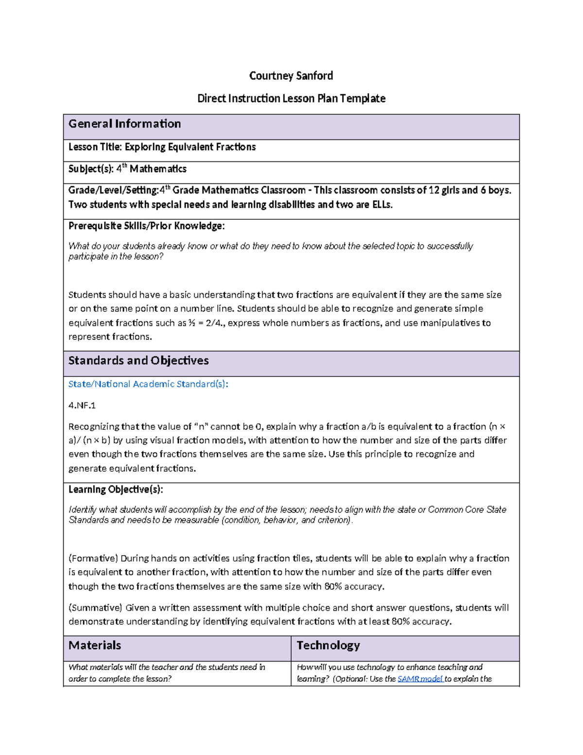 Lesson Plan Math Methods CS - Courtney Sanford Direct Instruction ...