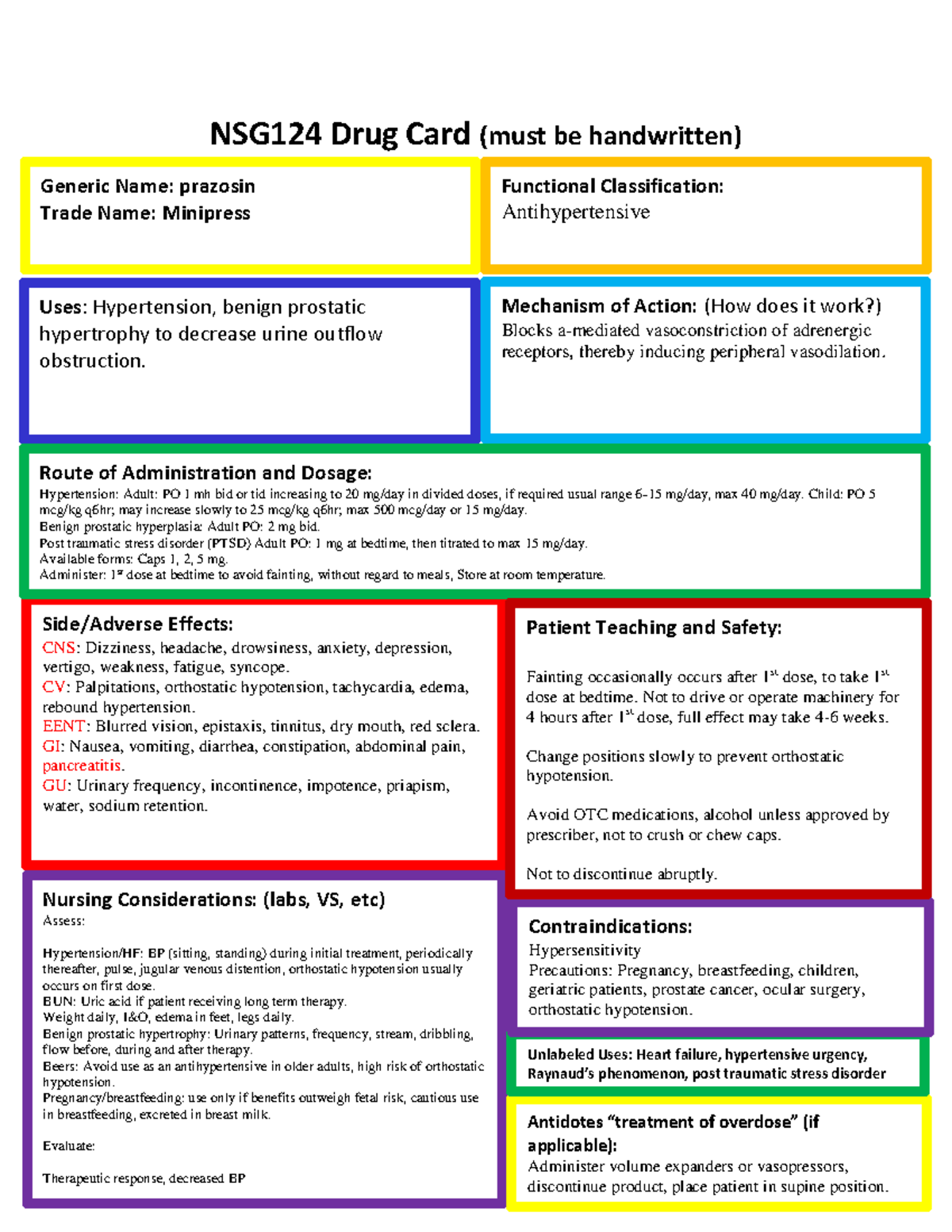 Prazosin drug card - drug card - NSG124 Drug Card (must be handwritten ...