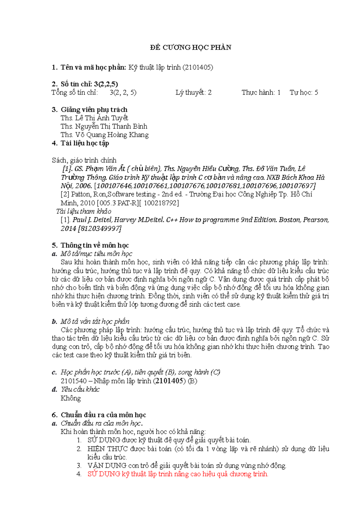 1.De cuong chi tiet Ky thuat lap trinh - ĐỀ CƯƠNG HỌC PHẦN Tên và mã học phần: Kỹ thuật lập ...