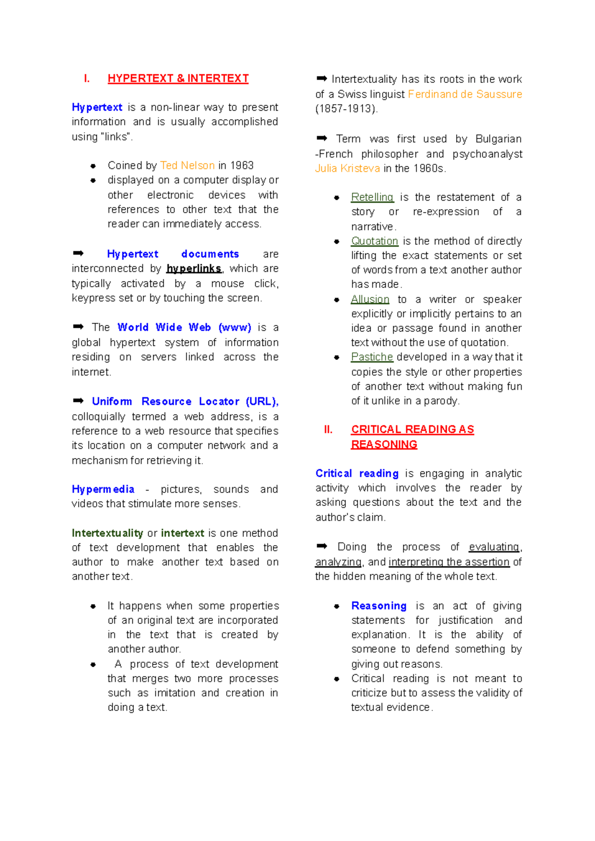 Q4 Reading & Writing Reviewer - I. HYPERTEXT & INTERTEXT Hypertext is a non-linear way to - Studocu