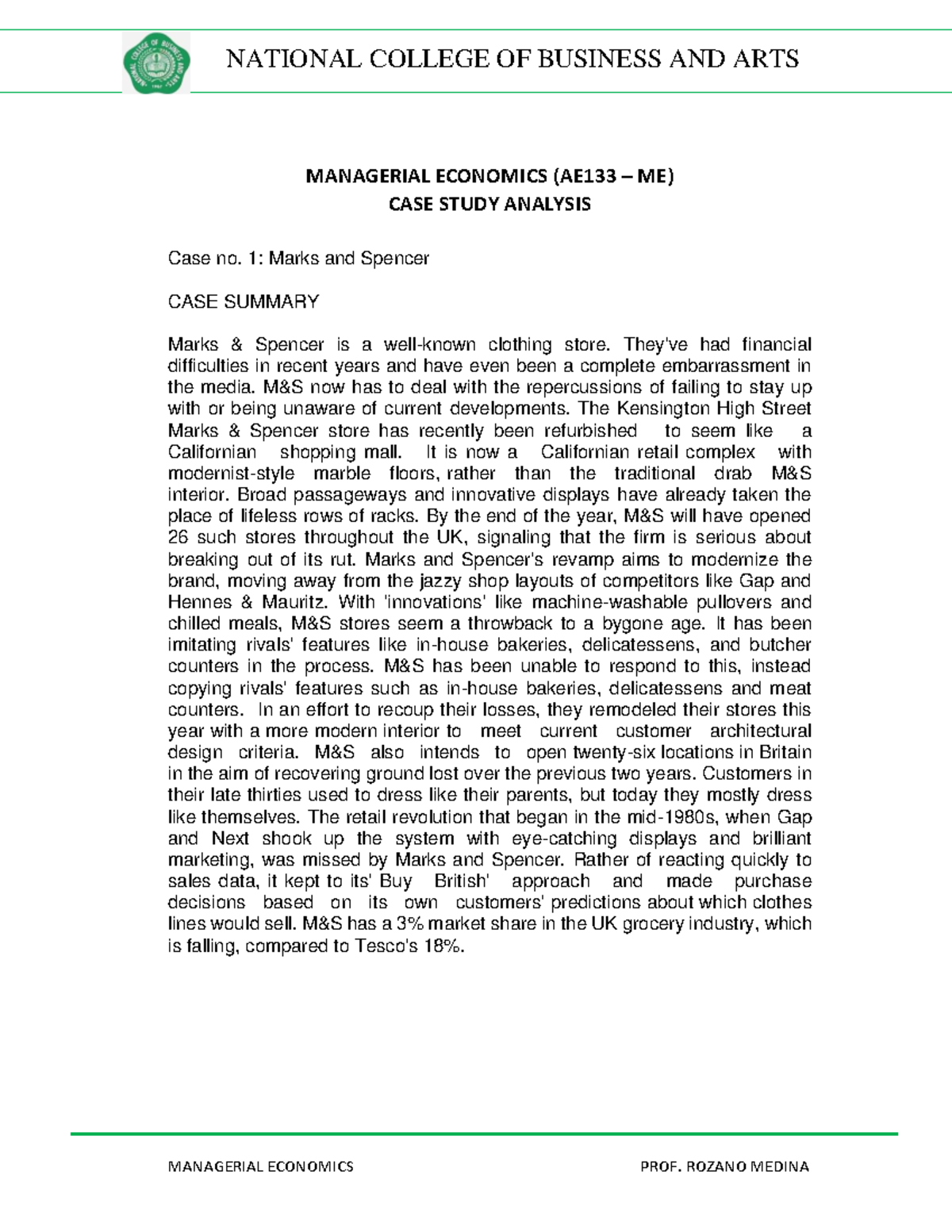 Case-Study Managerial-Economics - NATIONAL COLLEGE OF BUSINESS AND ARTS ...