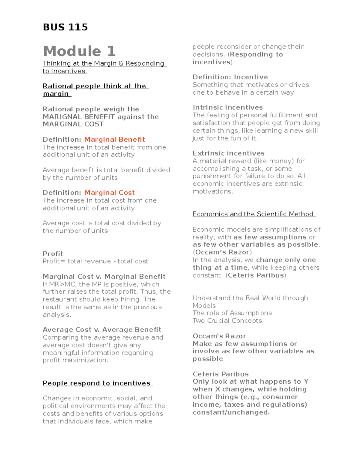 Bus 115 notes - Module 1 Thinking at the Margin & Responding to ...