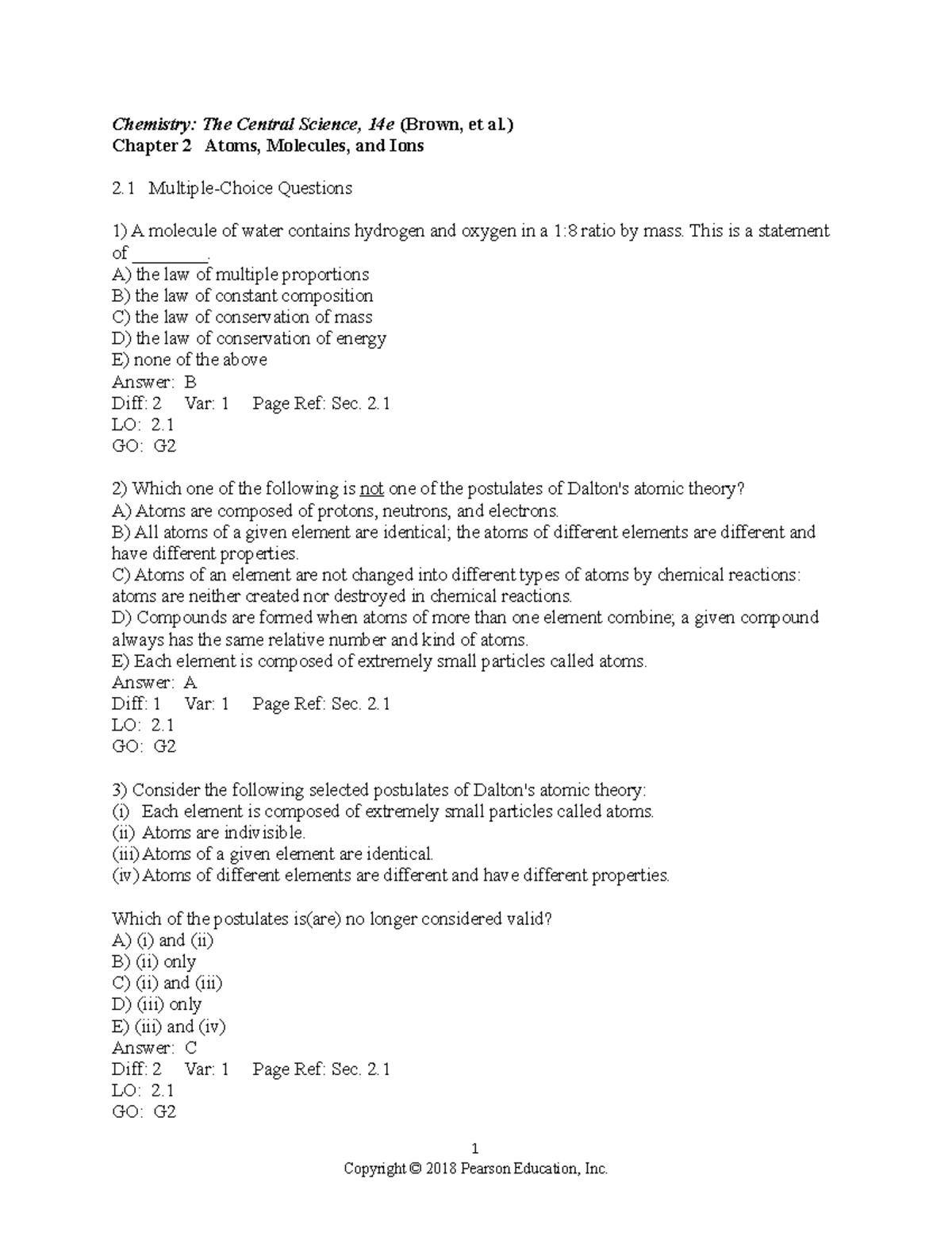 Chapter 02 - Exam practice questions - Chemistry: The Central Science ...