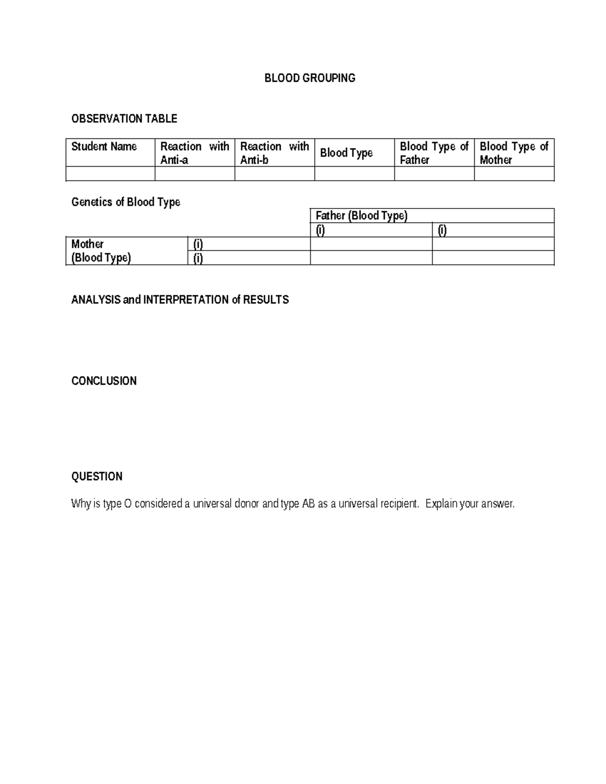 Blood-Group - Idk - BS Biology - BLOOD GROUPING OBSERVATION TABLE ...
