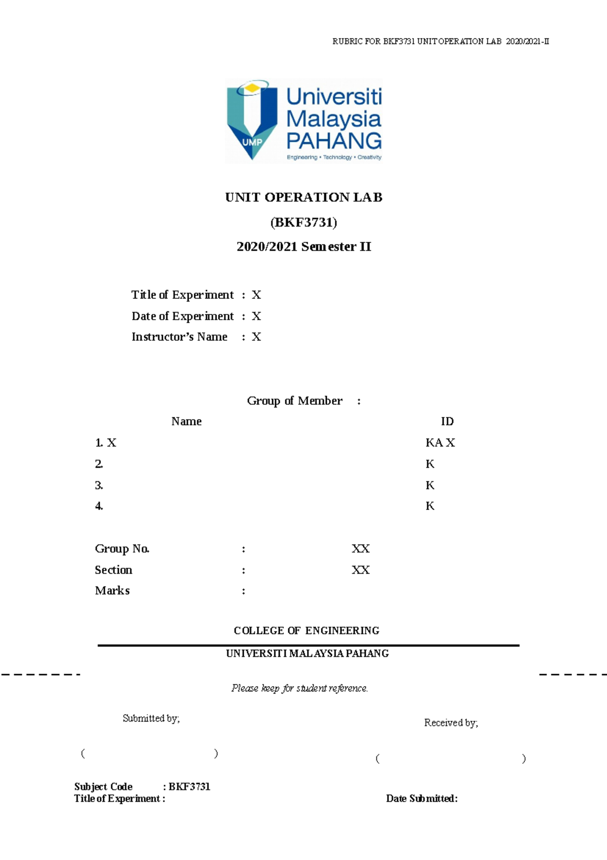Lab Report Rubric - UNIT Operation LAB 2021-II - UNIT OPERATION LAB ...
