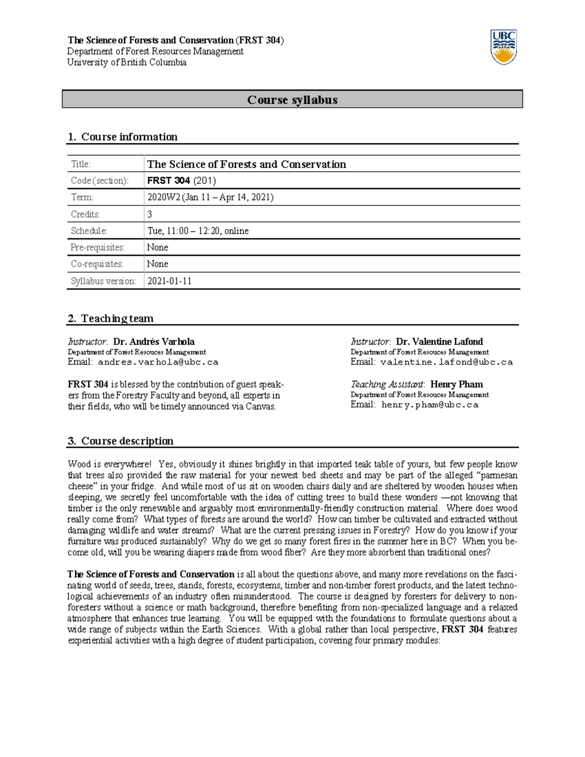 FRST304 Syllabus_Andres Varhola - The Science of Forests and ...