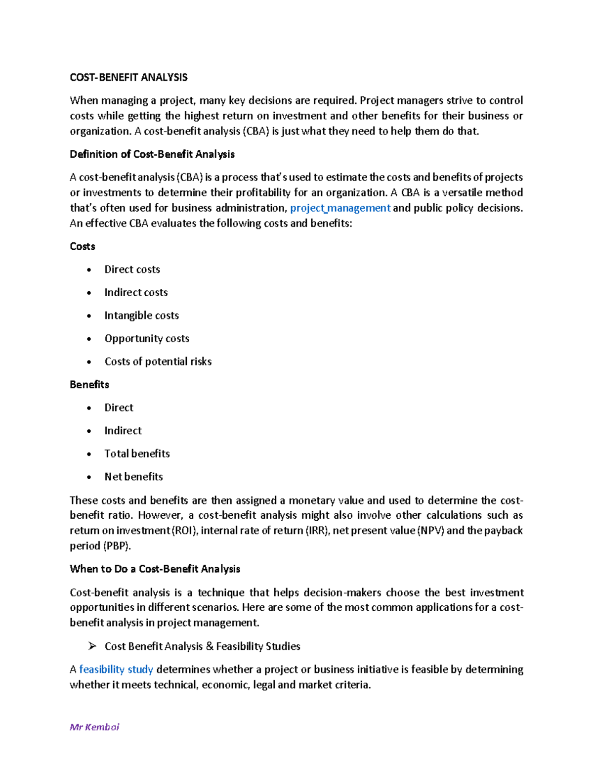 COST Benefit Analysis - This is on project finance definition of the ...