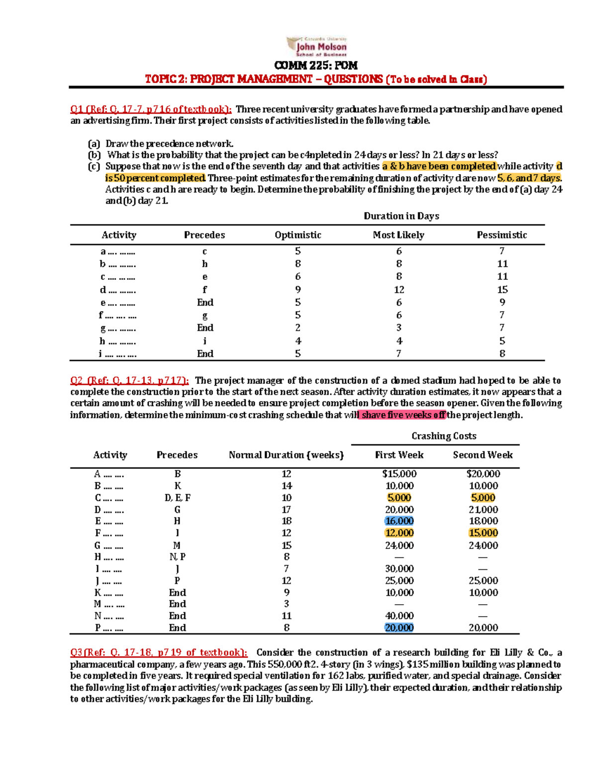 Project Management Questions (In Class) - COMM 225: POM TOPIC 2: PROJECT MANAGEMENT – QUESTIONS ...