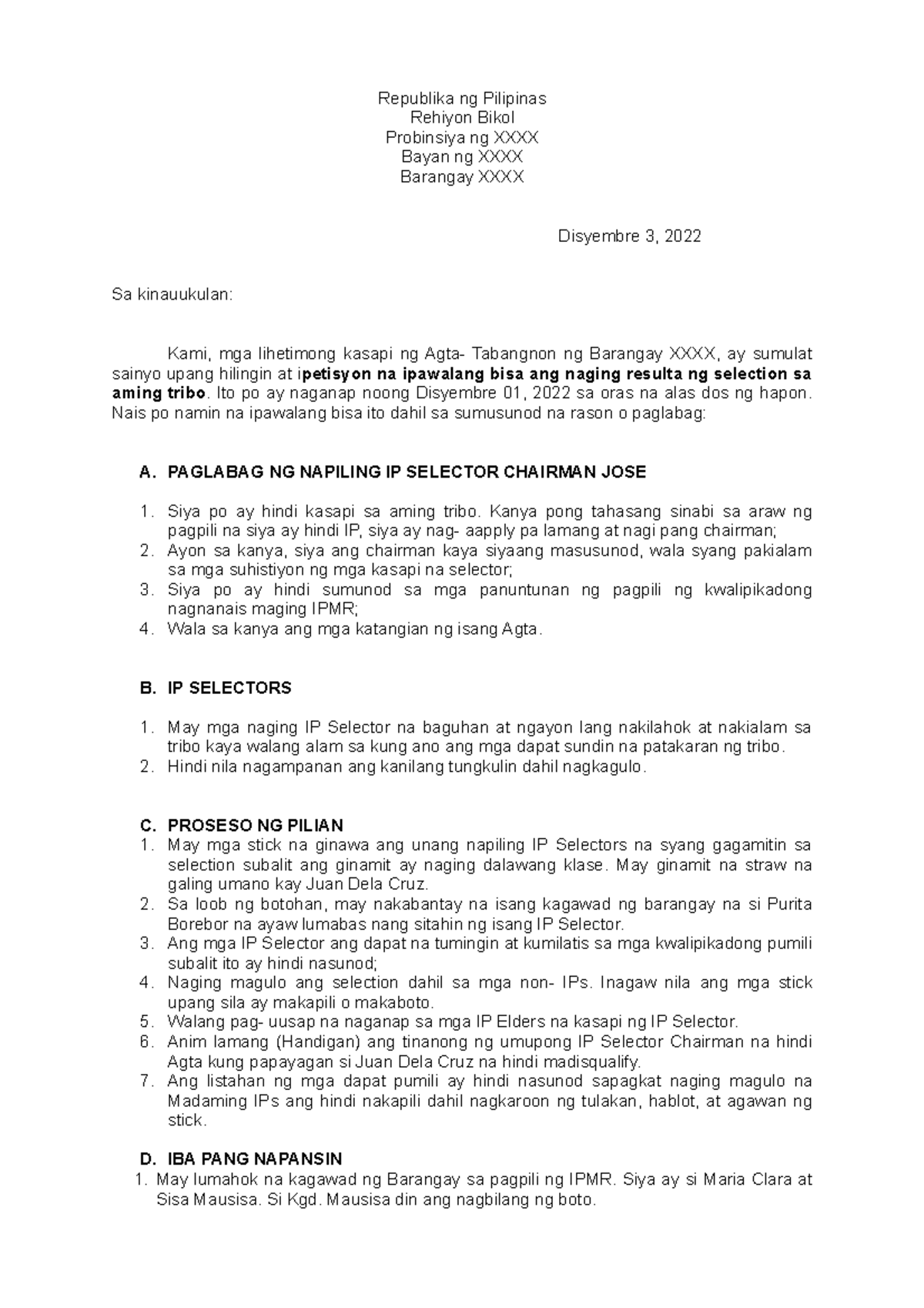 Petisyon ng pagpapawalang bisa - Republika ng Pilipinas Rehiyon Bikol Probinsiya ng XXXX Bayan ...