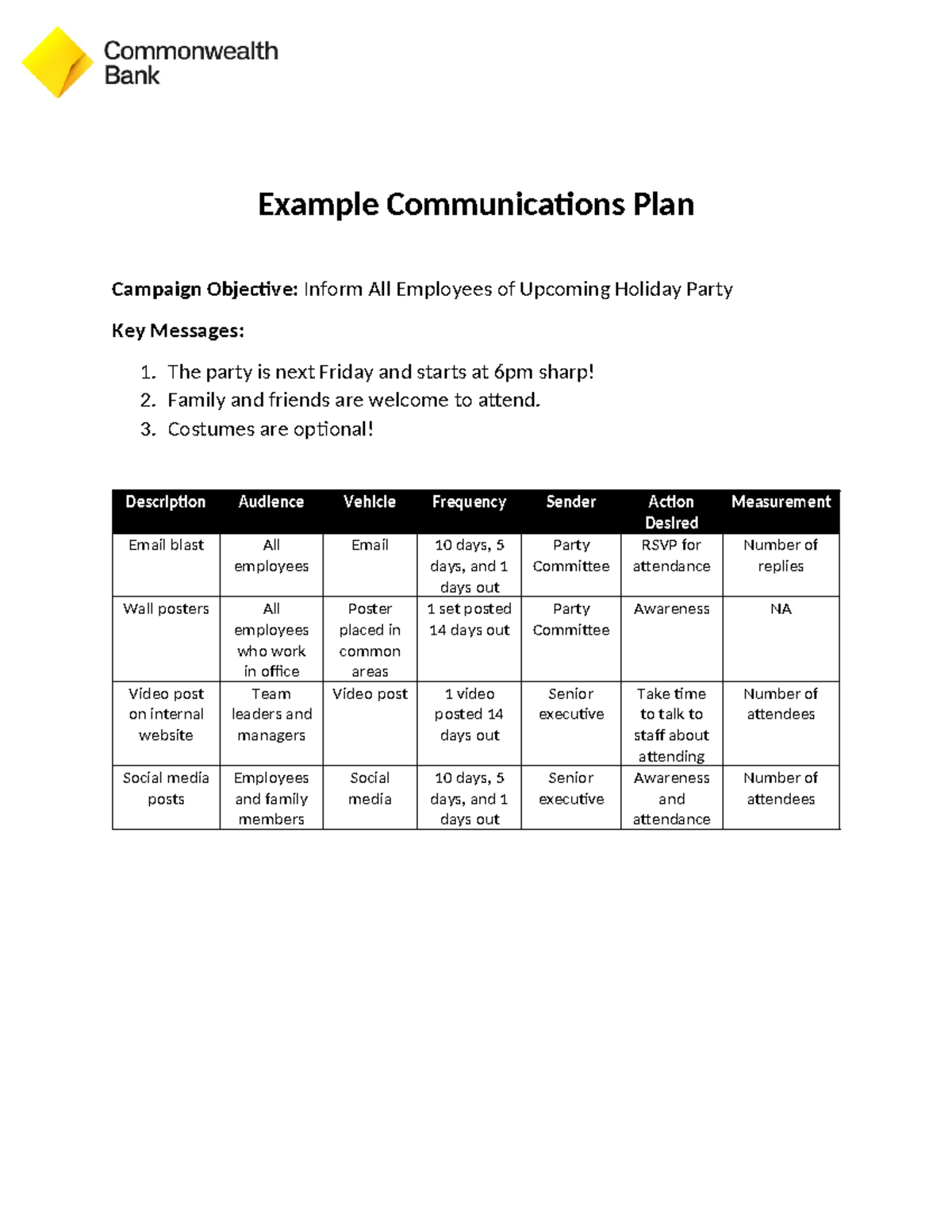 Example Communications Plan (1) - Example Communications Plan Campaign ...